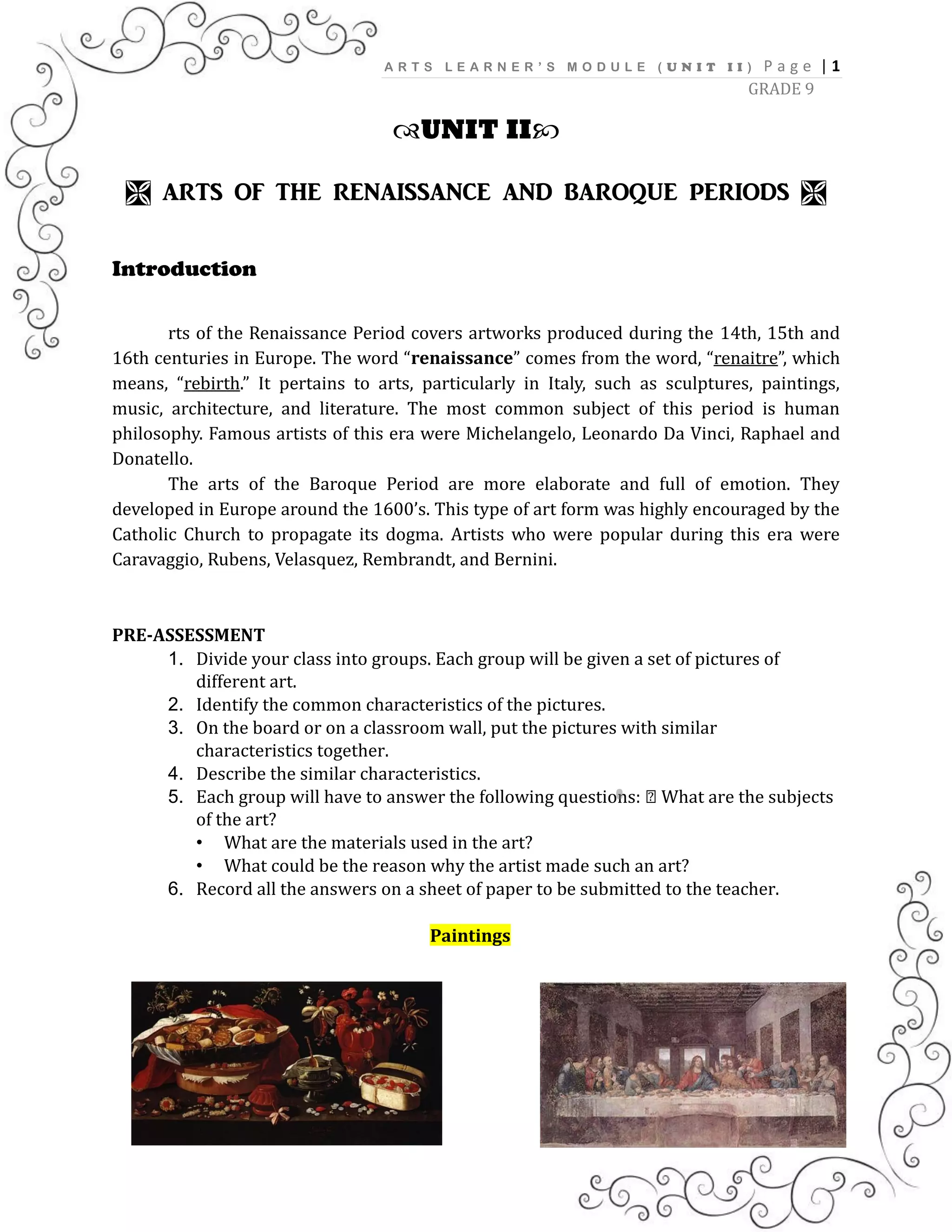 ARTS OF THE RENAISSANCE AND BAROQUE PERIODS | PDF