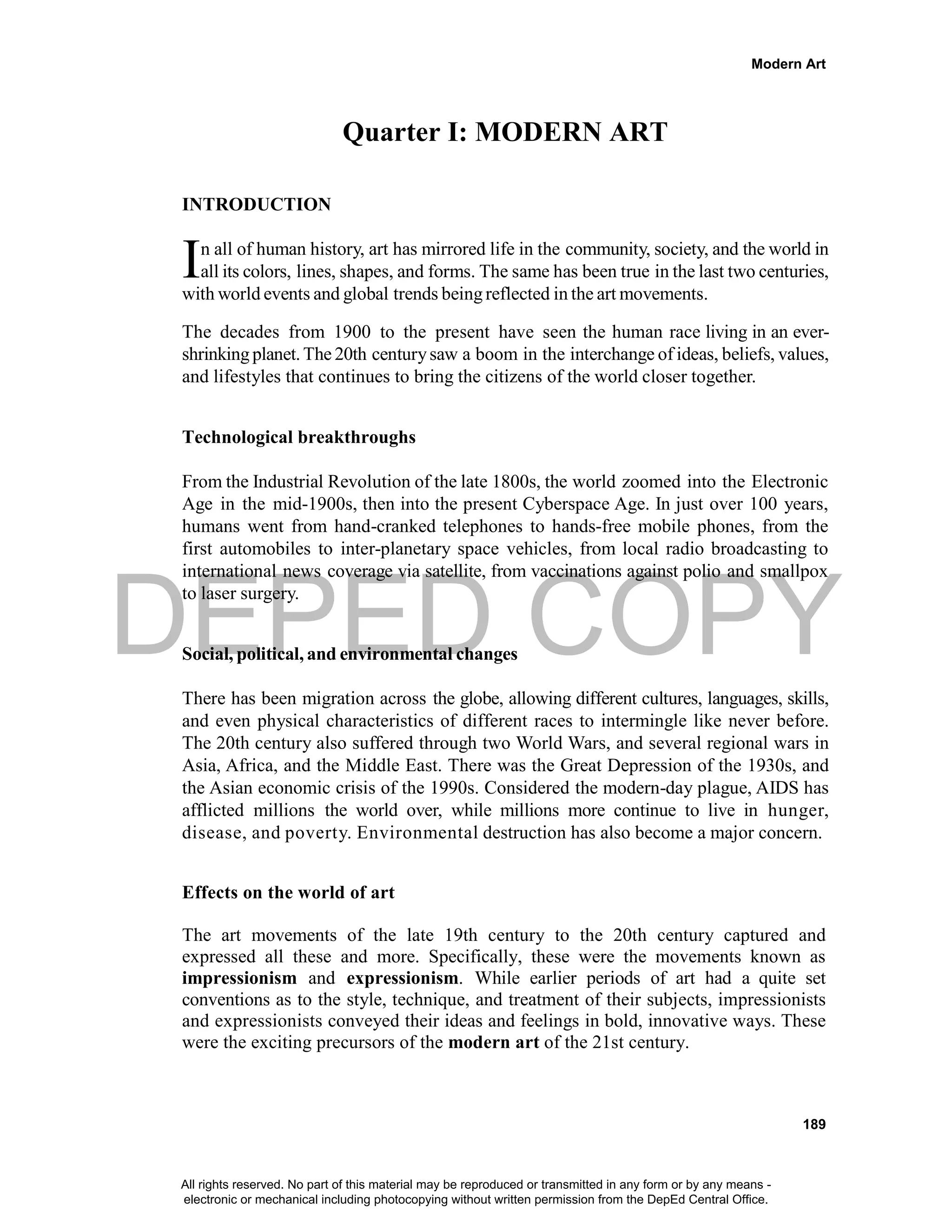 Grade 10 Arts - Learning Material {Unit I: MODERN ART} | PDF