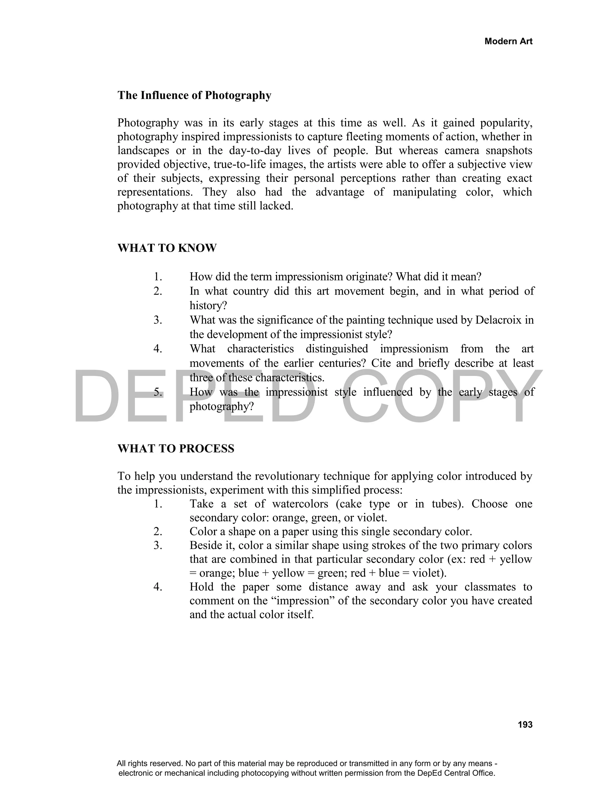 Grade 10 Arts - Learning Material {Unit I: MODERN ART} | PDF