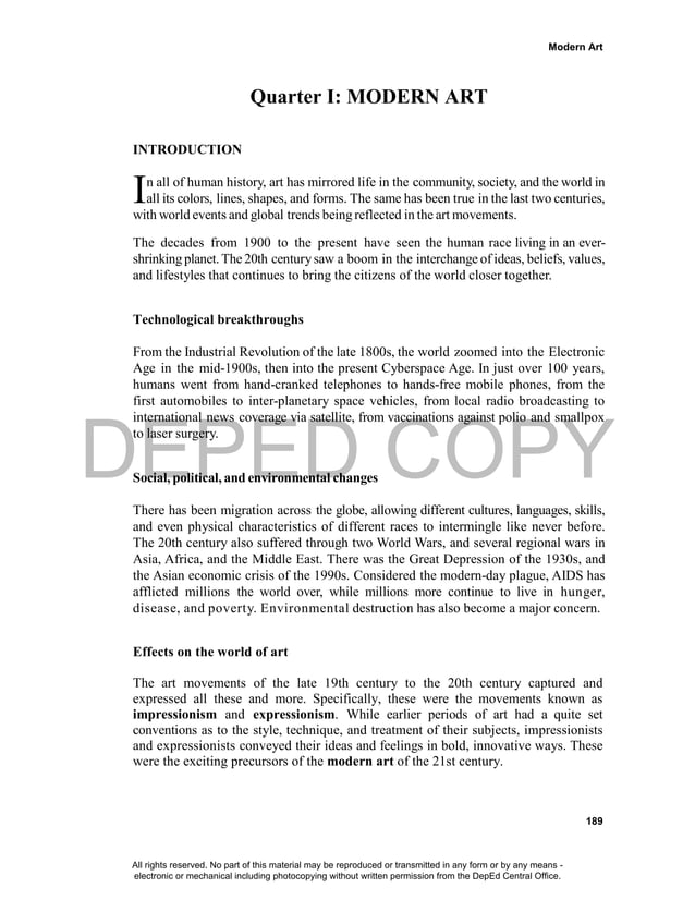 Grade 10 Arts - Learning Material {Unit I: MODERN ART} | PDF