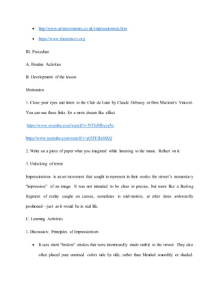 Arts 10 impressionism lesson exemplar | DOCX