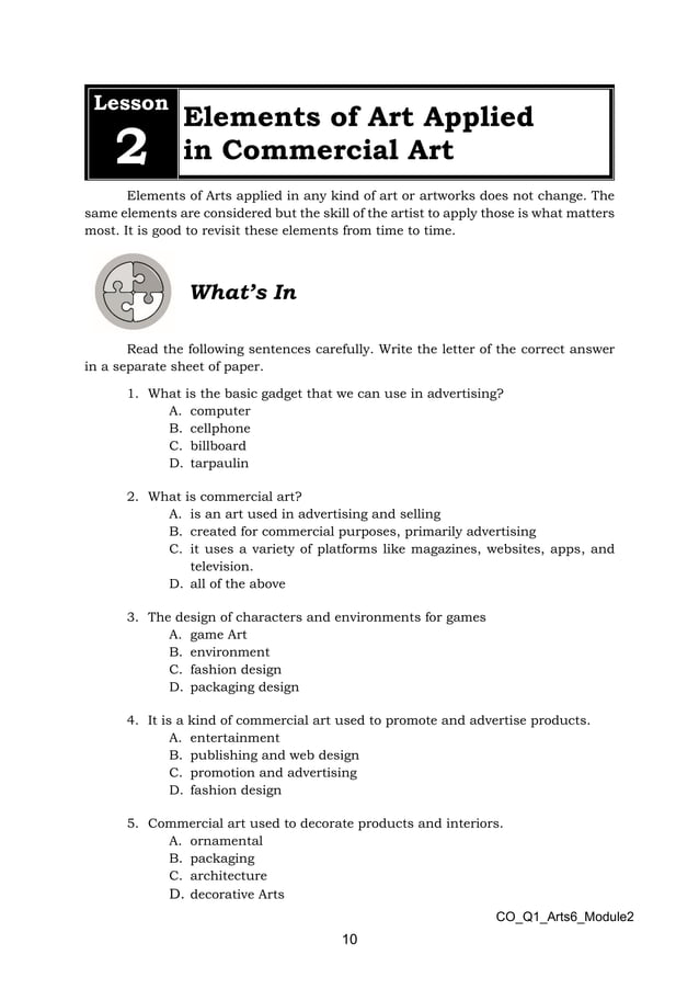 Arts6_q1_mod2_elements and principles applied in commercial art_v2.pdf | Design | Fine Art