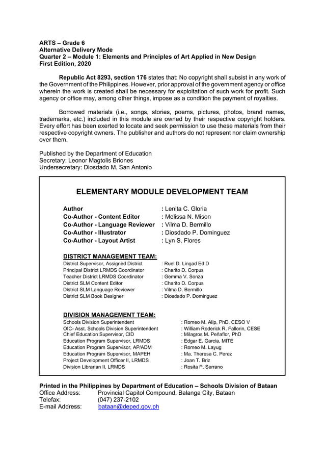 Arts6_Q3_Mod1_Elements and Principles of Art Applied in New Design.pdf | Drawing and Sketching ...