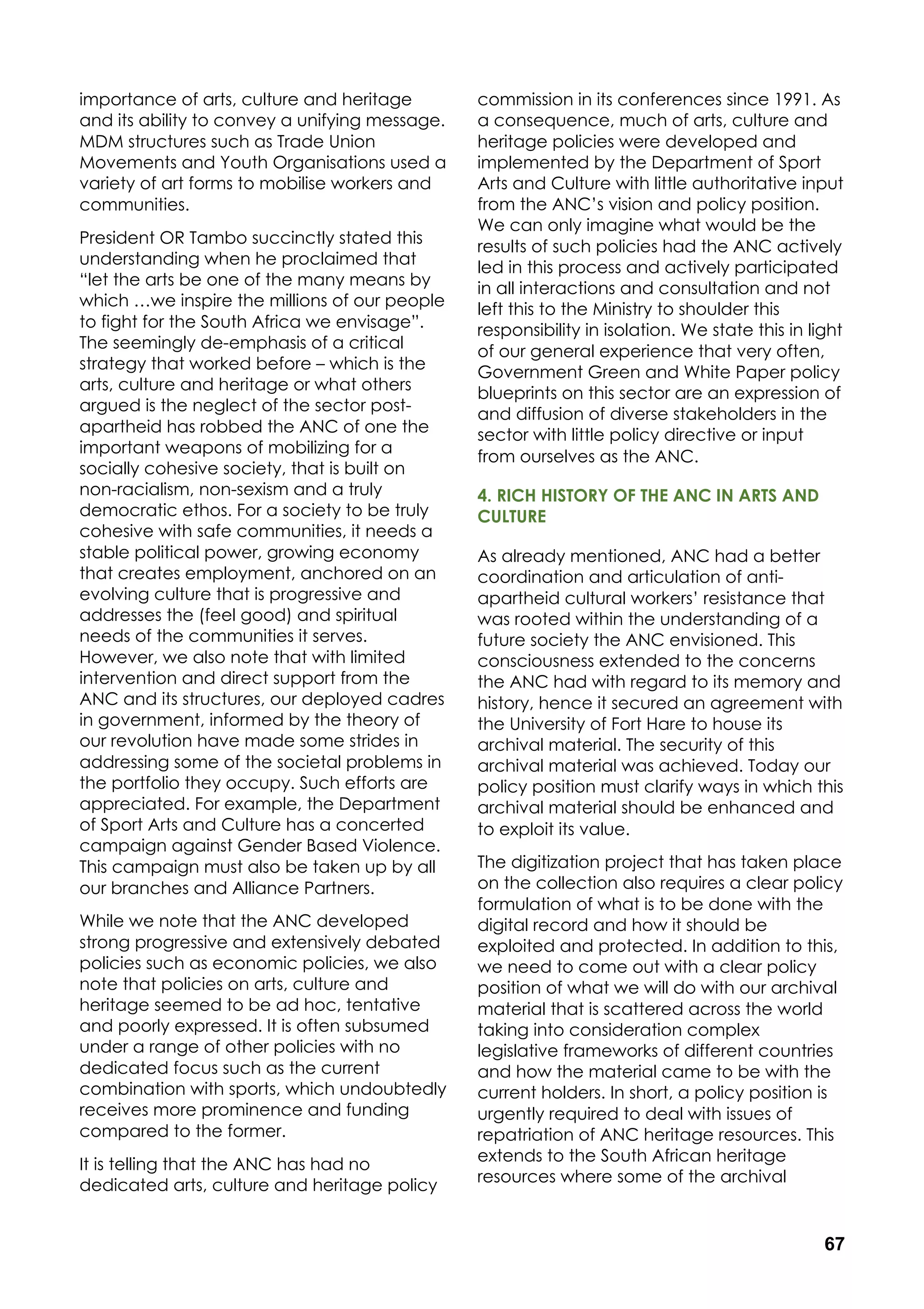 ANC Arts, Culture and Heritage Policy Document | PDF