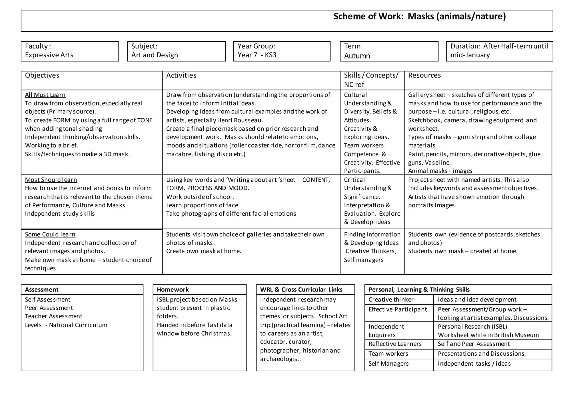 Art Scheme Of Work Masks Year 7 | DOCX