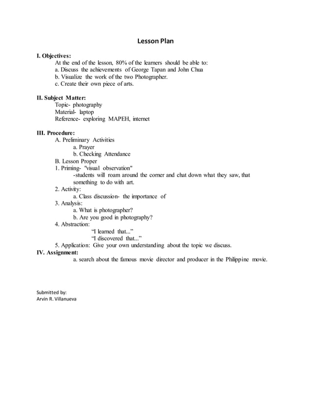 lesson plan in arts grade 8 | DOCX