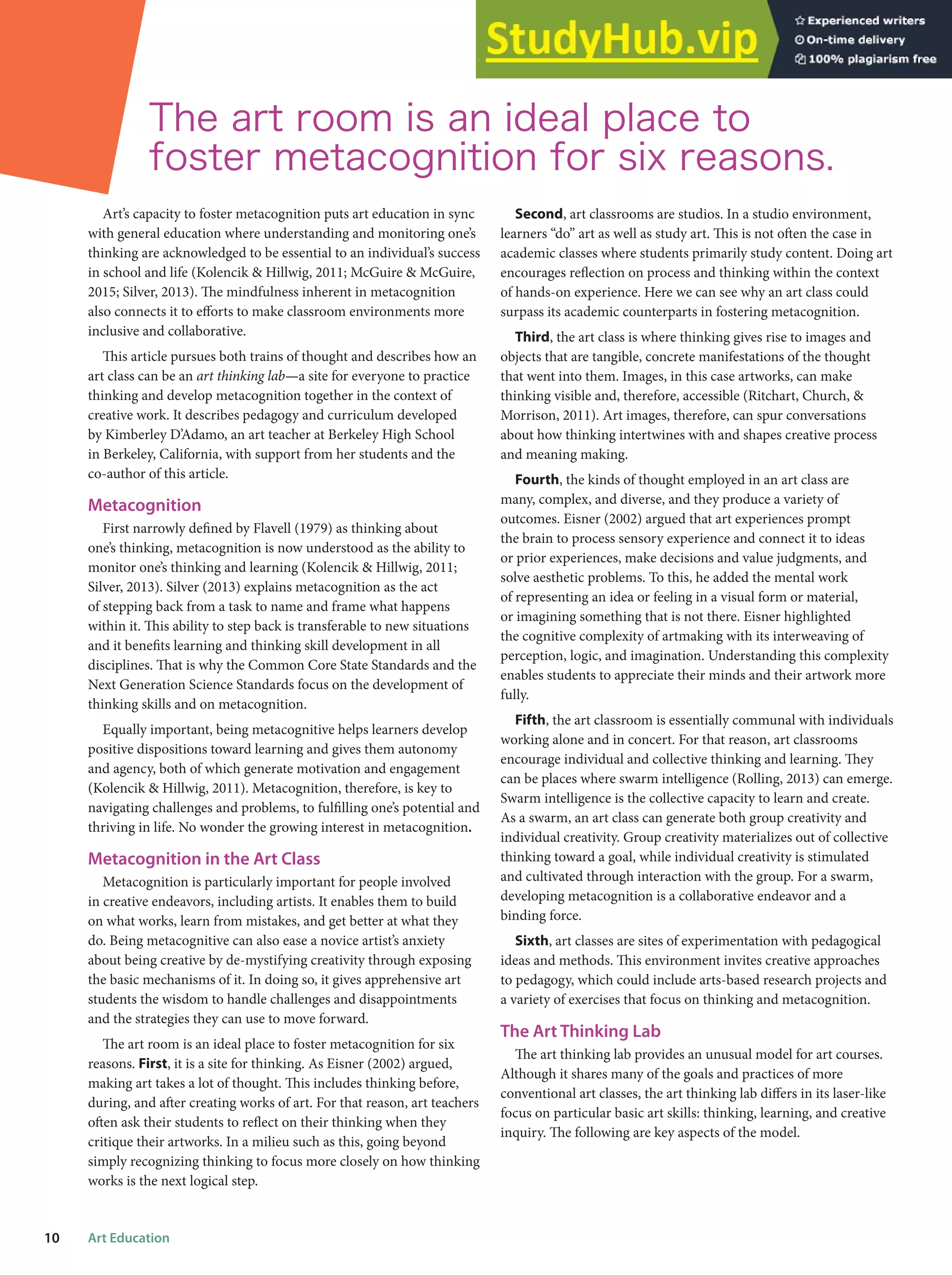 Art Studio As Thinking Lab Fostering Metacognition In Art Classrooms.Pdf