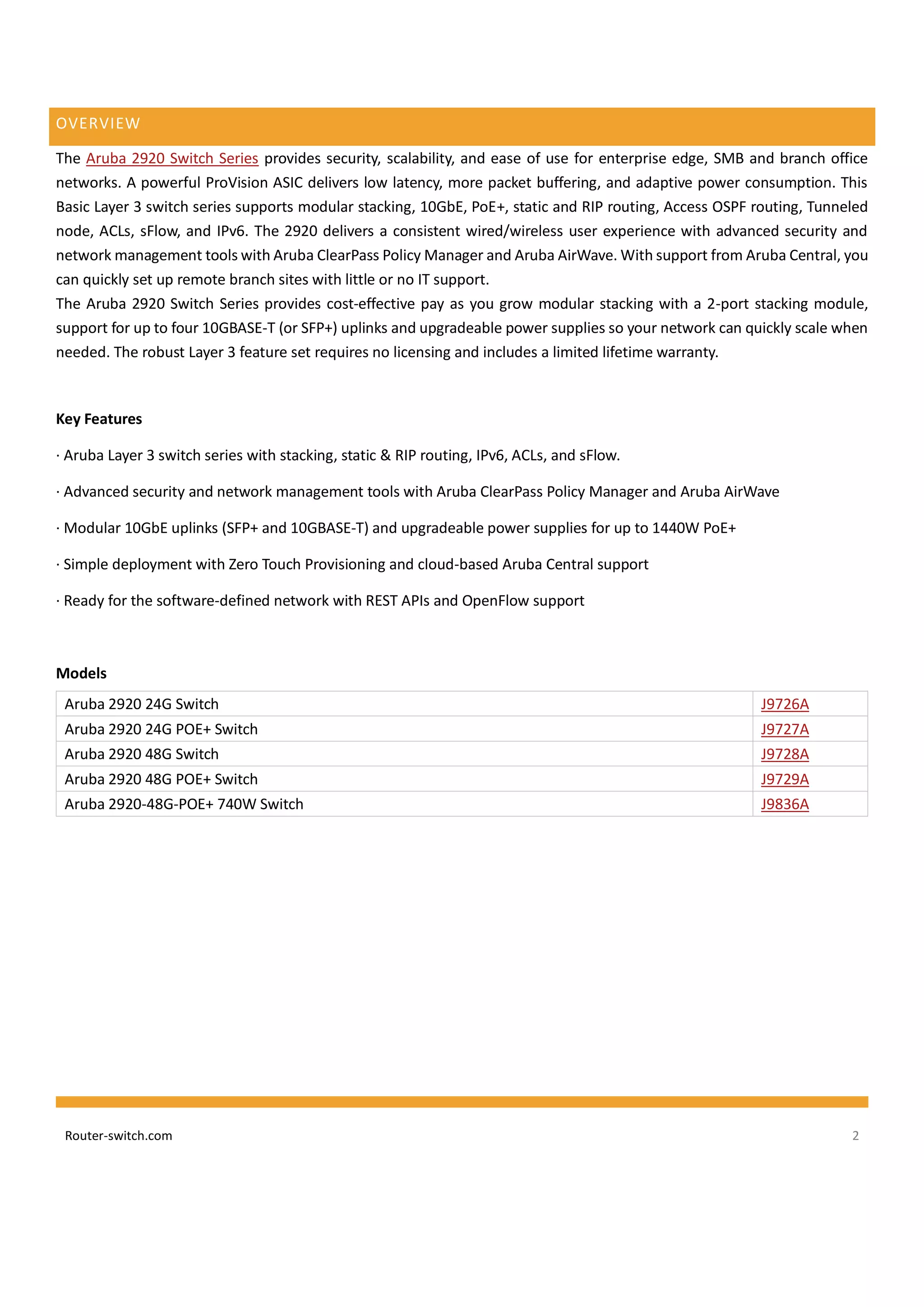 Aruba 2920 Switch Series Data Sheet | PDF