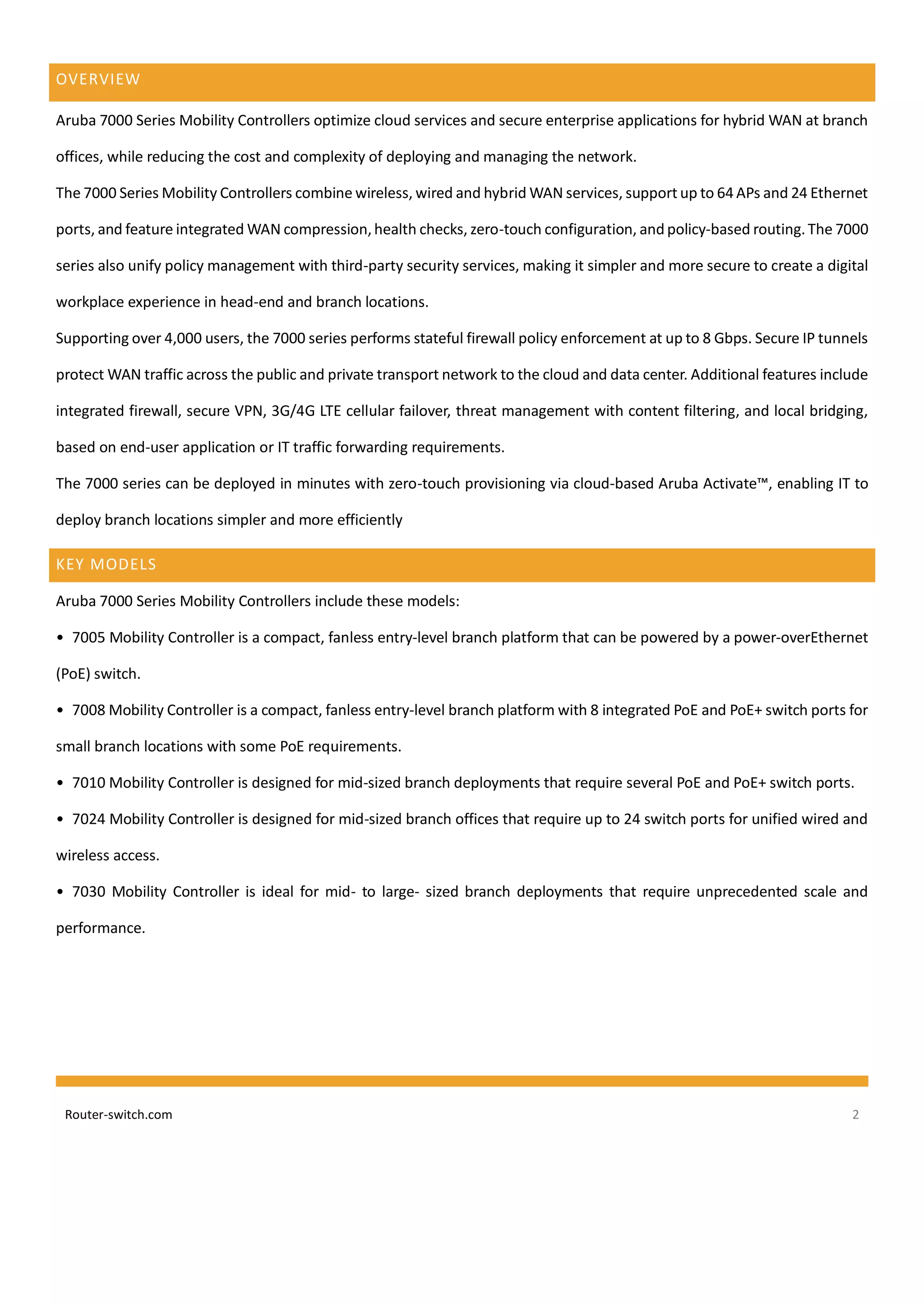 Aruba 7000 Series Mobility Controller Data Sheet | PDF