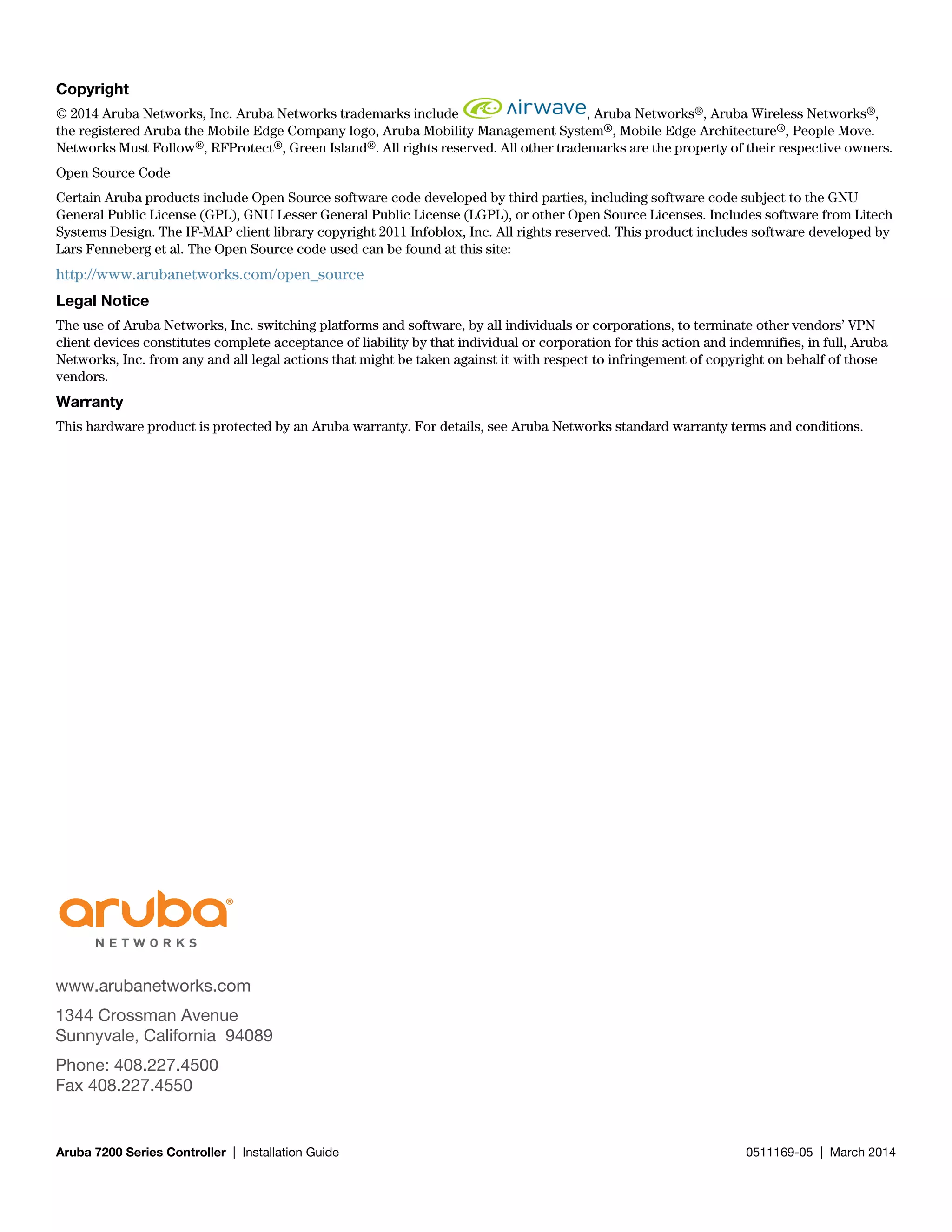 Aruba Mobility Controller 7200 Installation Guide | PDF
