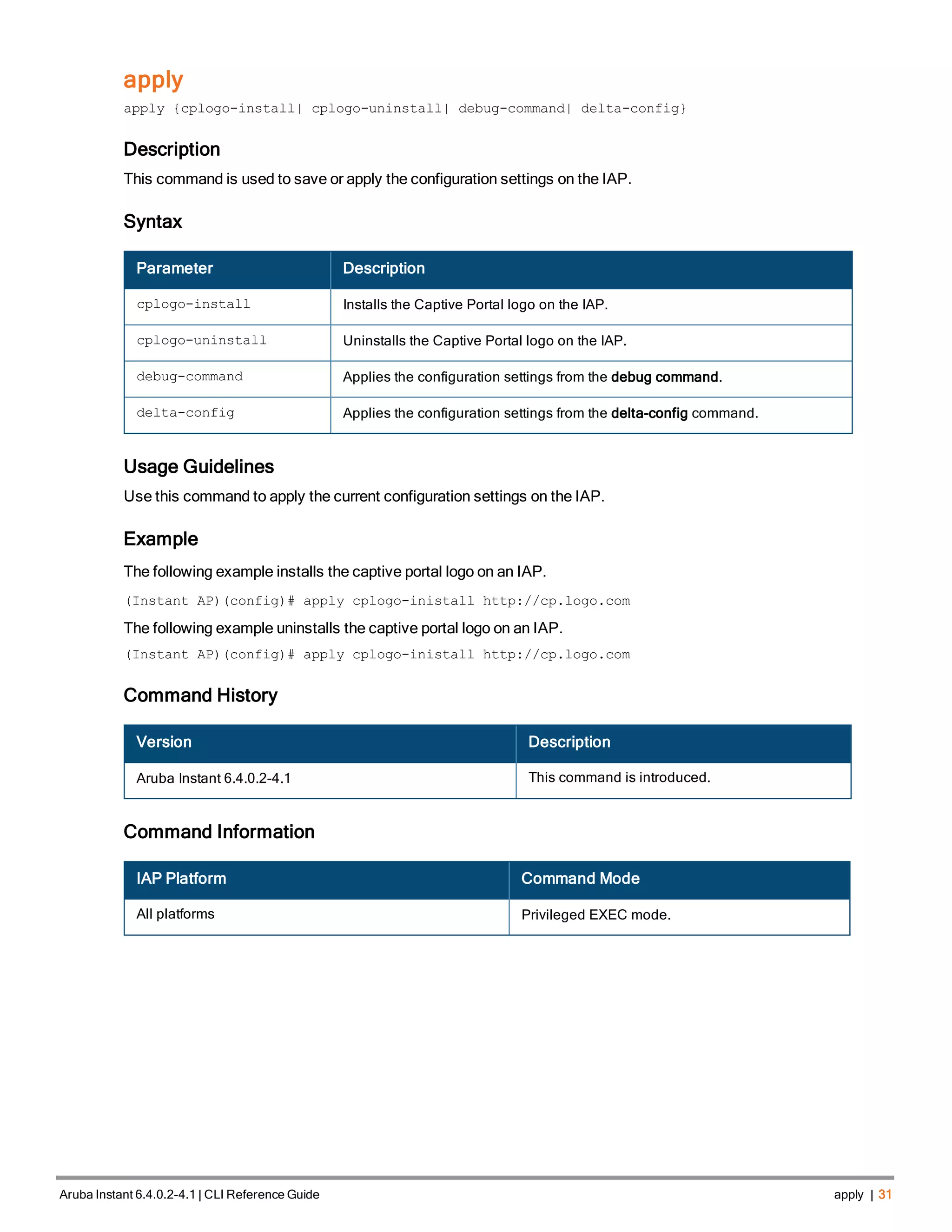 Aruba Instant 6.4.0.2-4.1 Command Line Interface Reference Guide | PDF