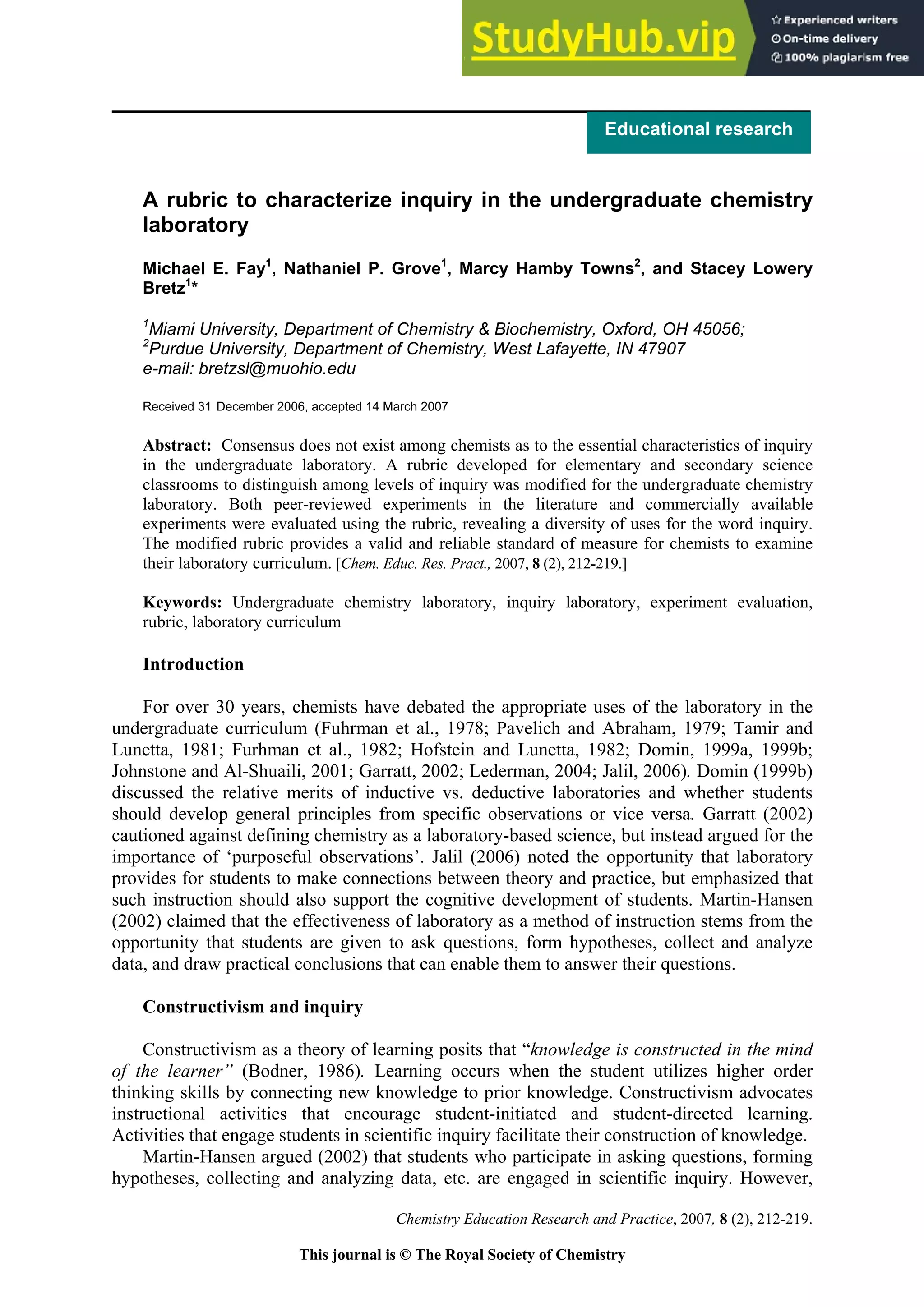 A Rubric To Characterize Inquiry In The Undergraduate Chemistry ...