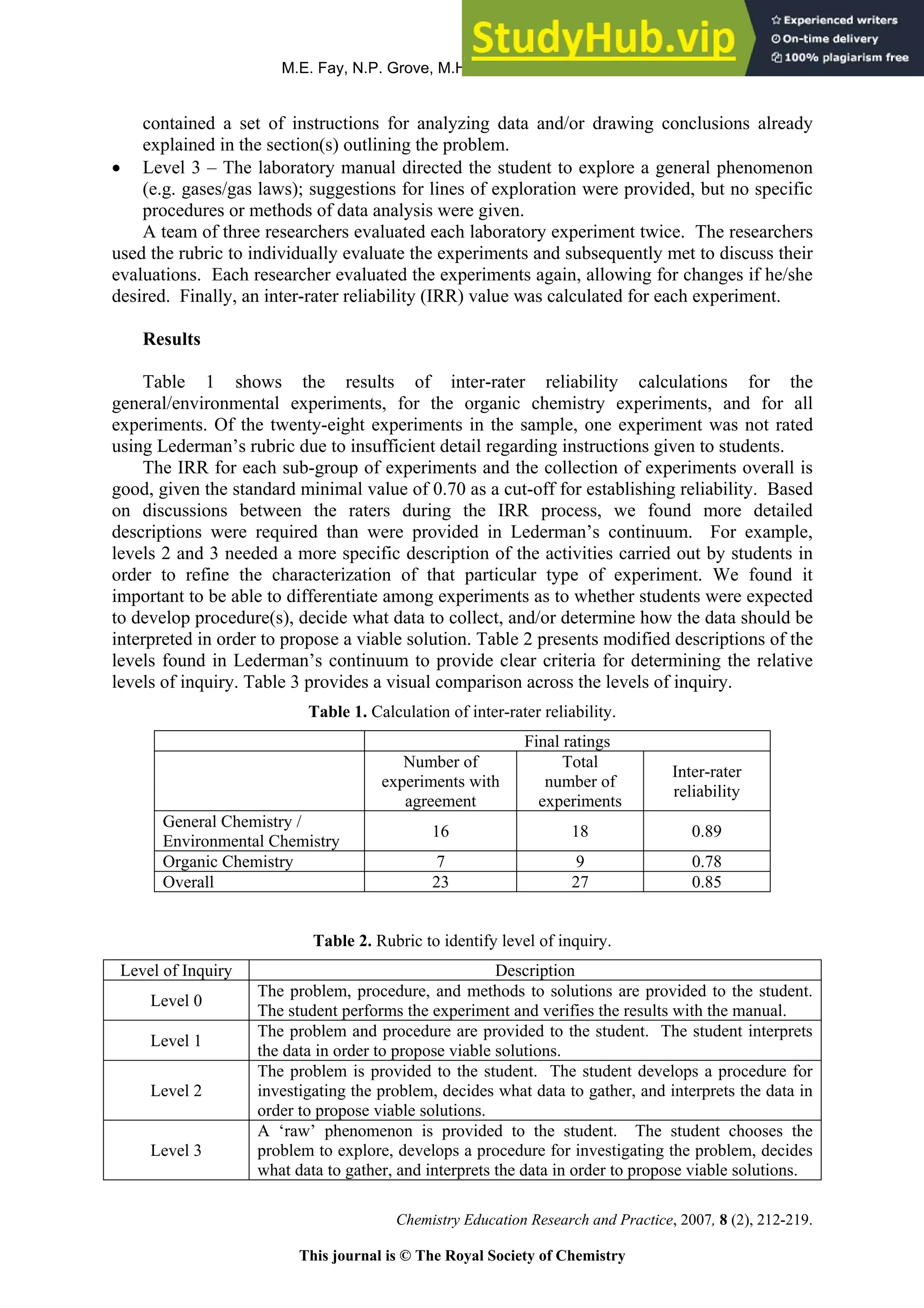 A Rubric To Characterize Inquiry In The Undergraduate Chemistry ...