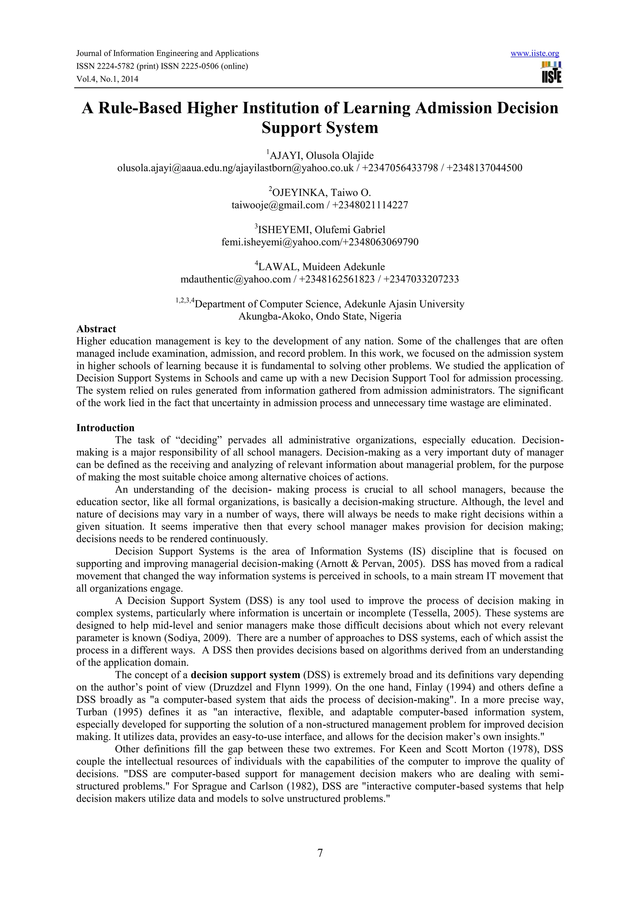 A rule based higher institution of learning admission decision support system | PDF