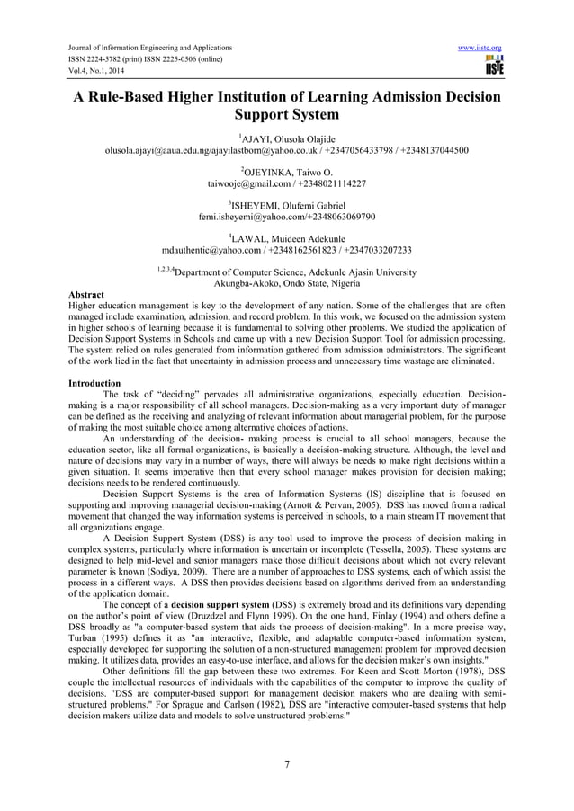 A rule based higher institution of learning admission decision support system | PDF | Computer ...