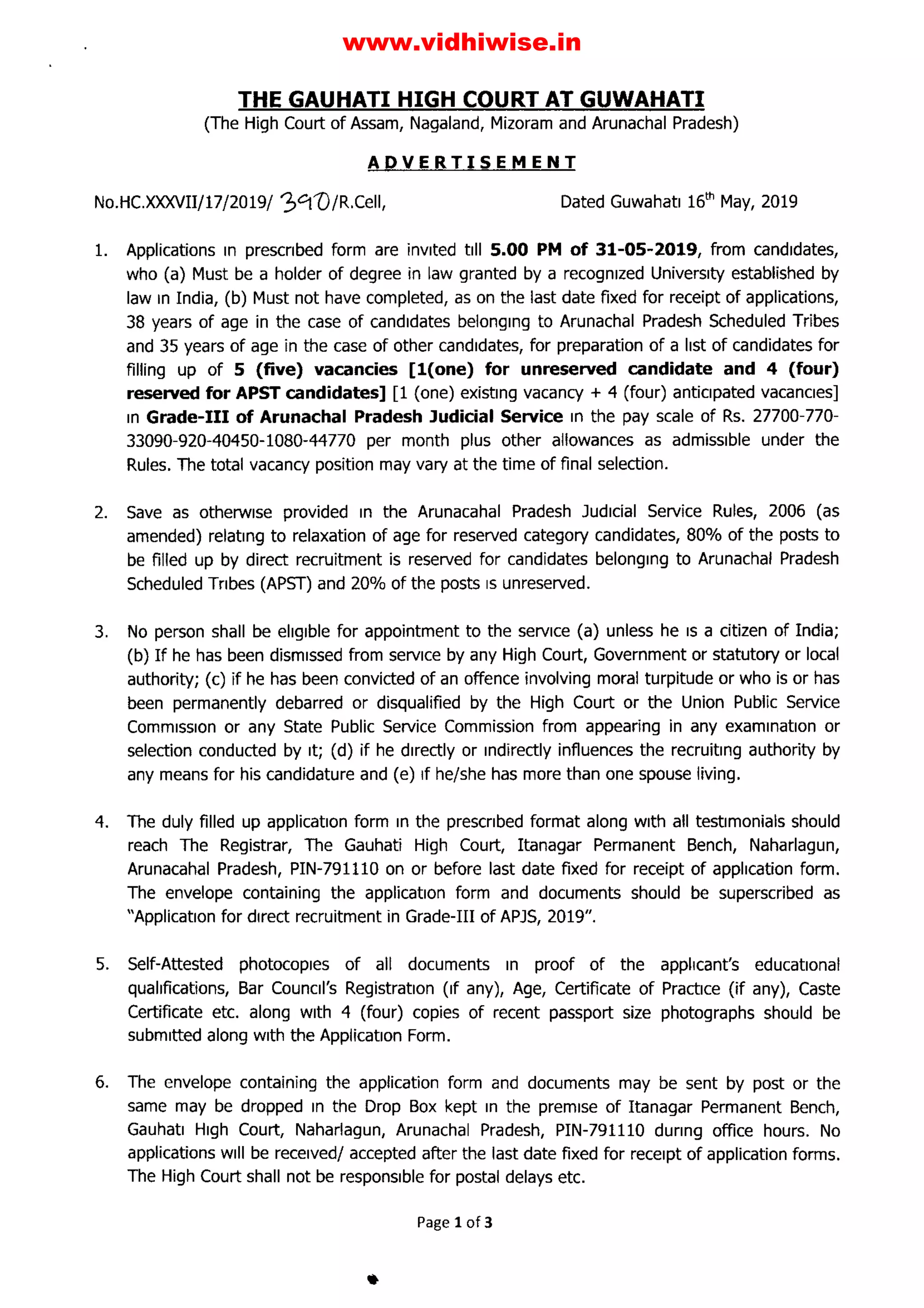 Arunachal Pradesh Judicial Service Examination 2019 notified | PDF