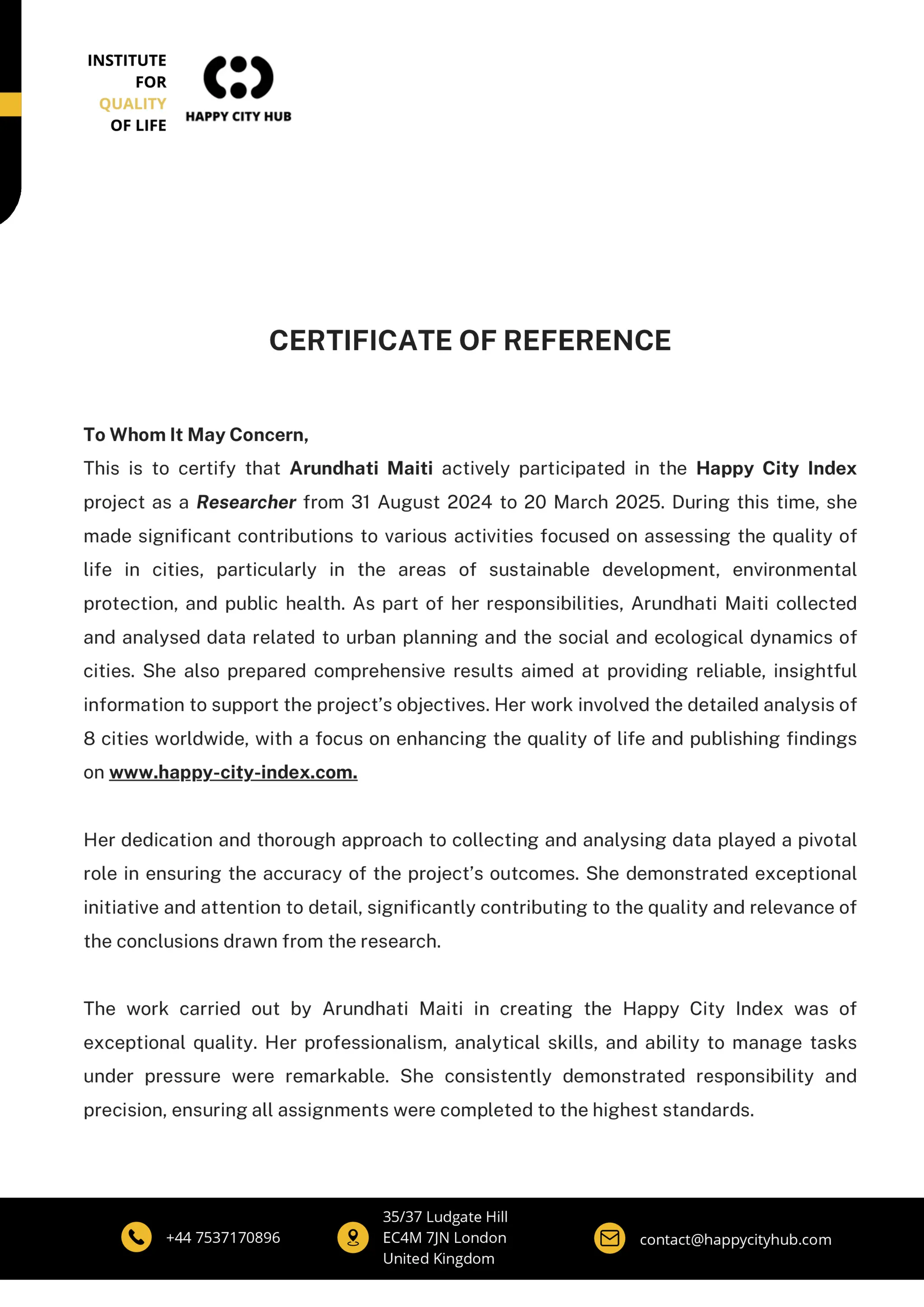 Certificate of Reference, Happy City Hub | PDF