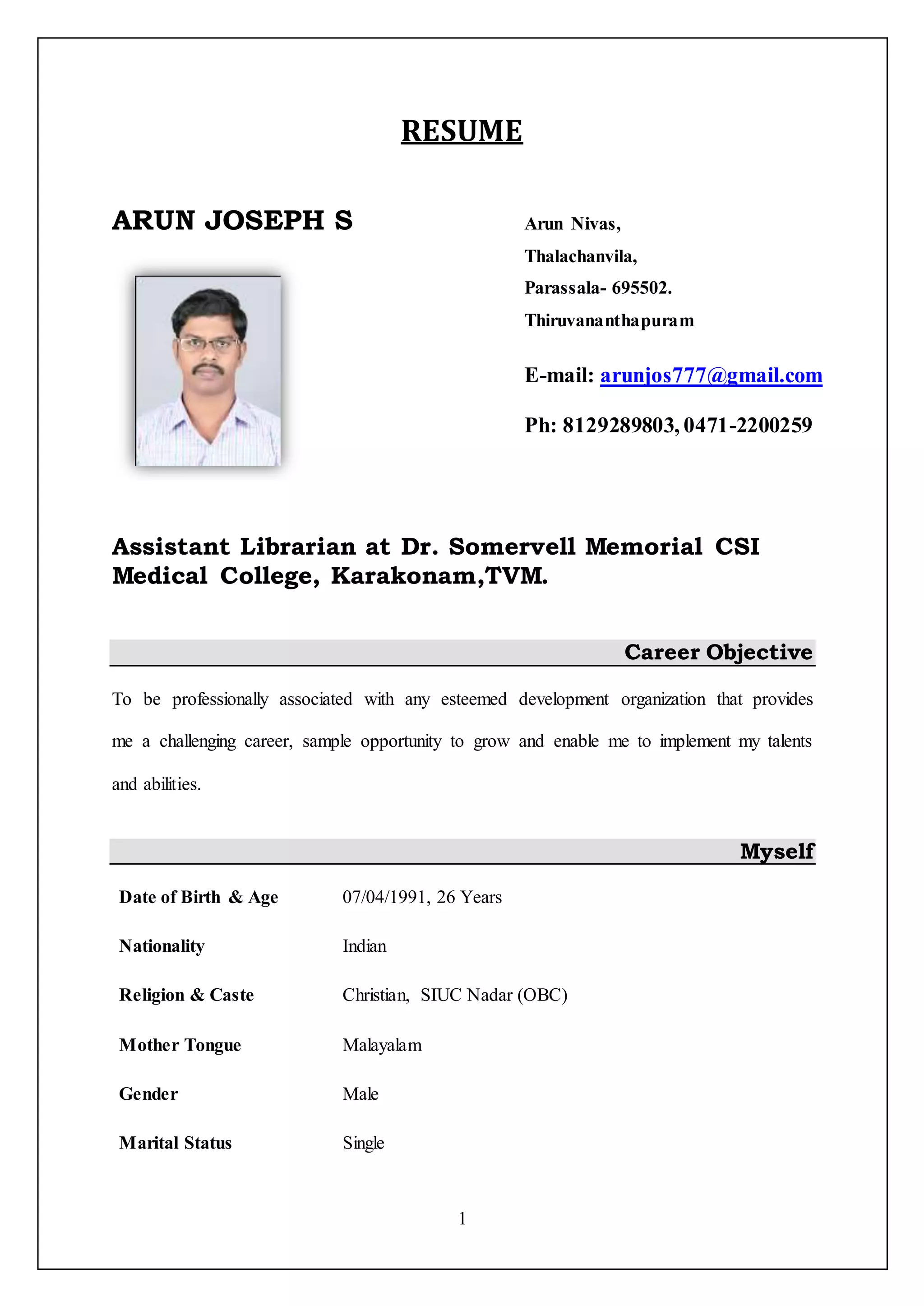 Arun joseph resume 13.05.2017 Librarian | DOCX