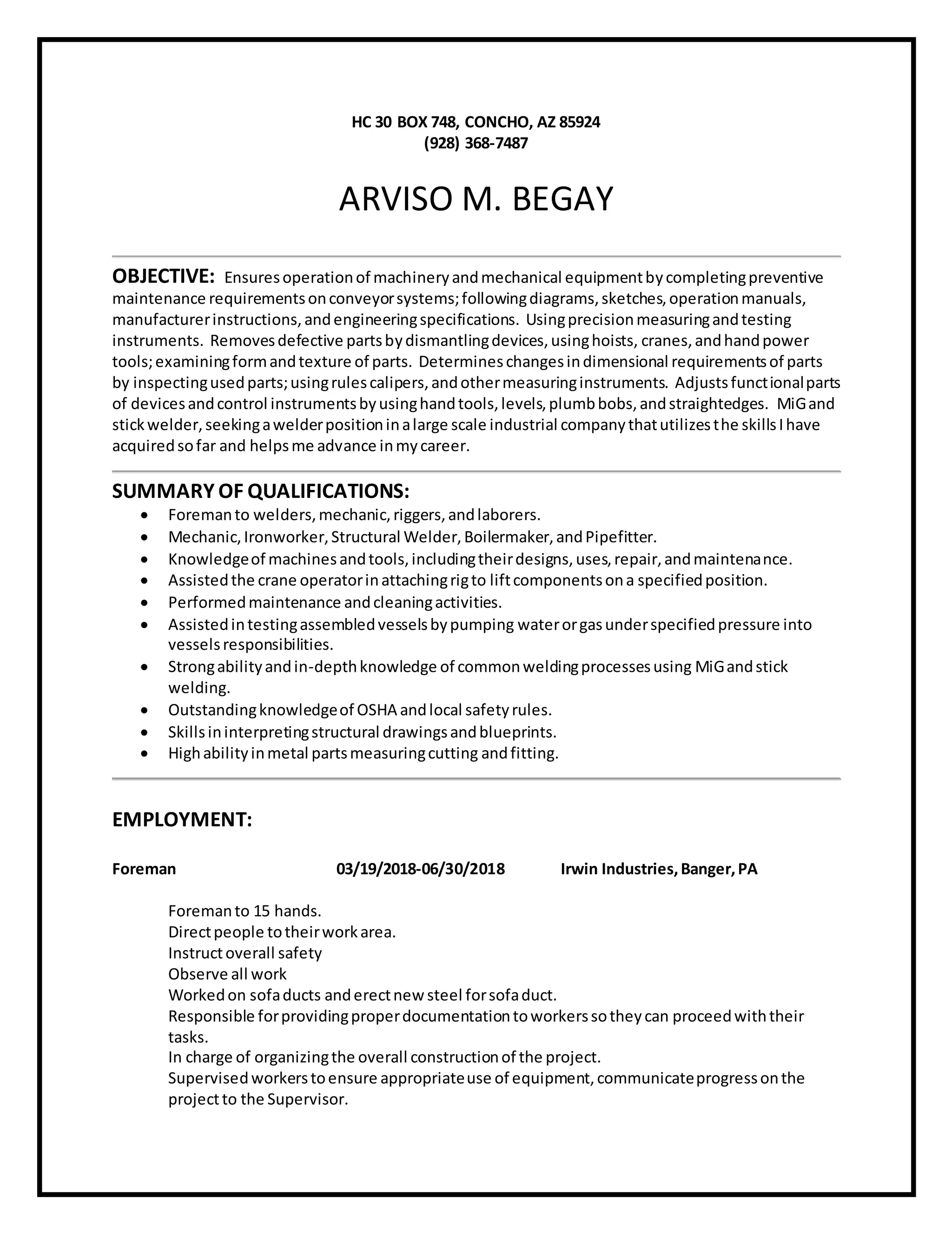 Arviso resume 06 2018 | PDF
