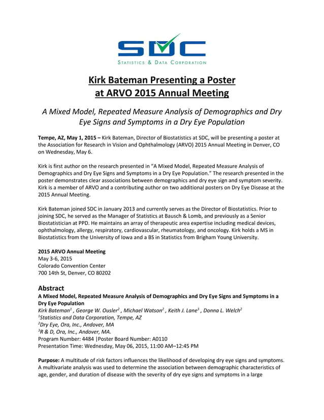 ARVO 2015 Poster Presentation by Kirk Bateman, Director, Biostatistics ...