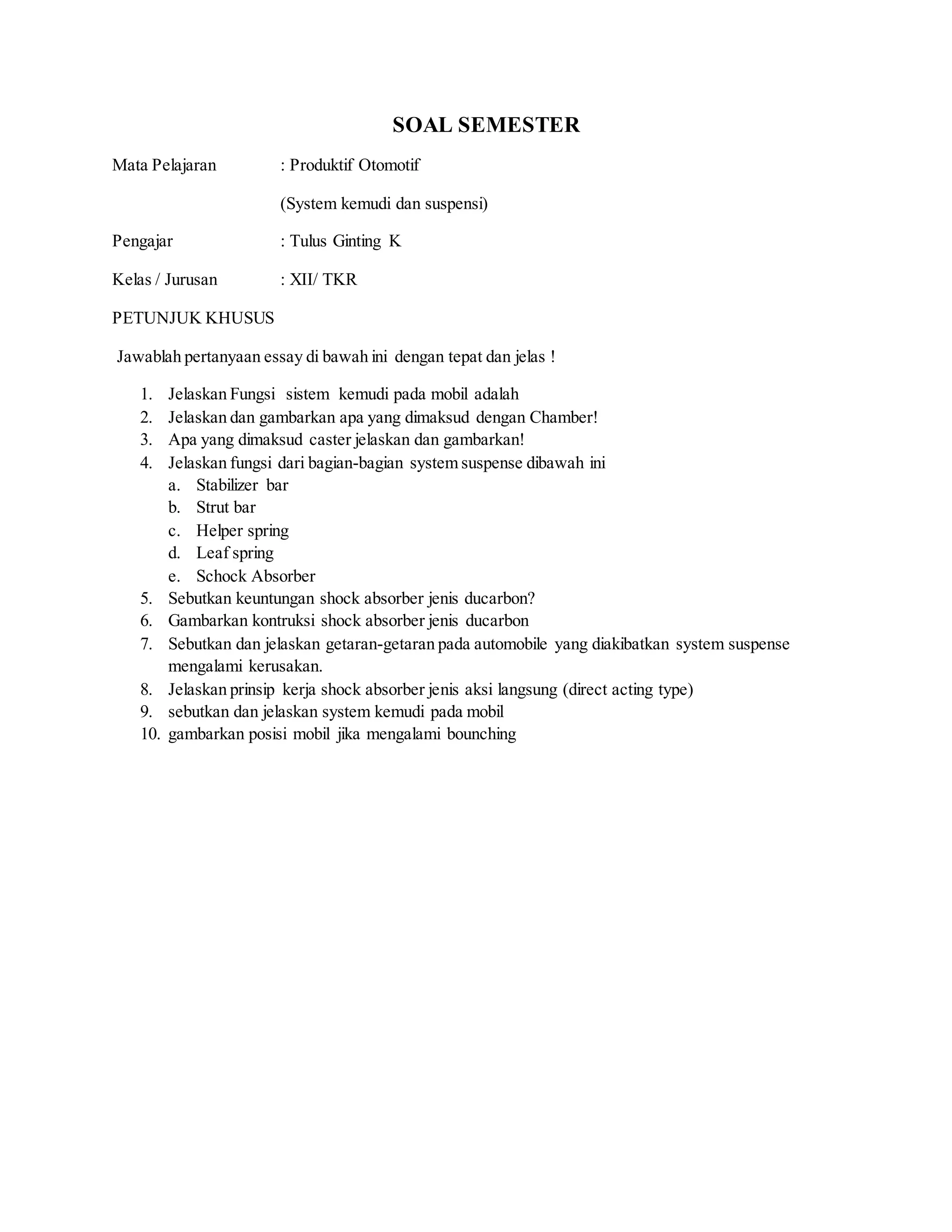 Soal semester system kemudi dan system suspense | DOCX