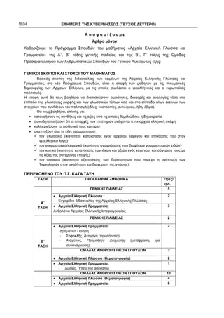 Πρόγραμμα σπουδών του μαθήματος "Αρχαία Ελληνική Γλώσσα" για το σχ ...