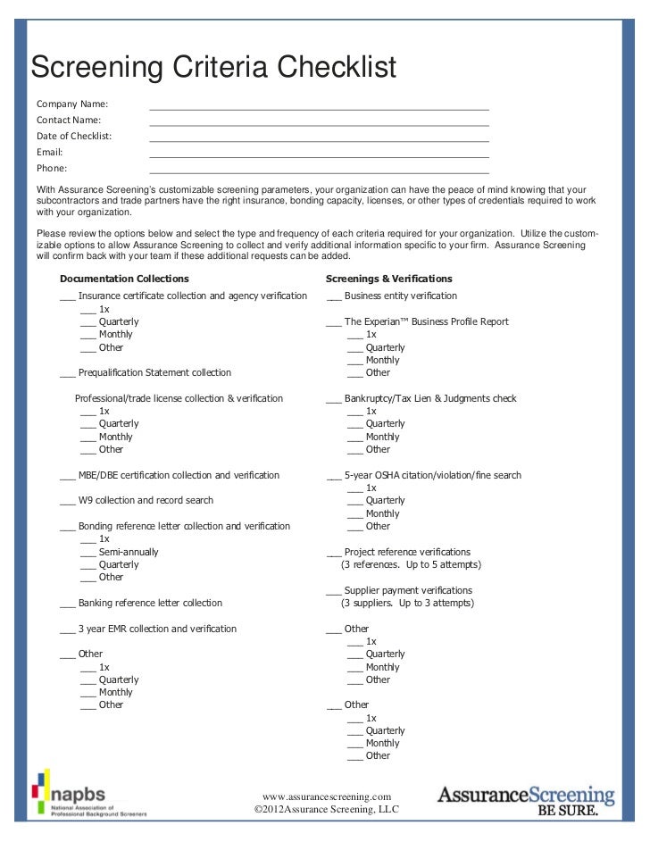 Assurance Screening - Screening Criteria Checklist