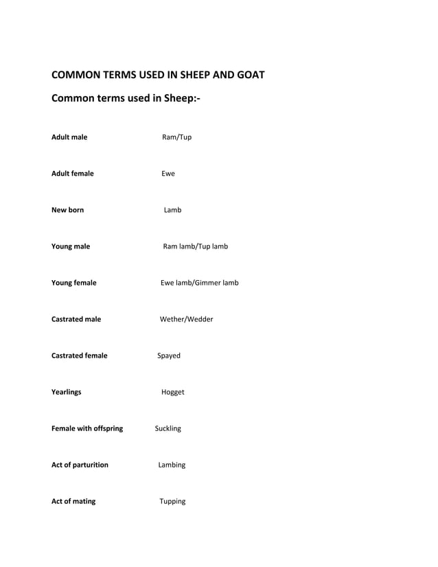 COMMON TERMS USED IN SHEEP AND GOAT | PDF | Agriculture | Industries