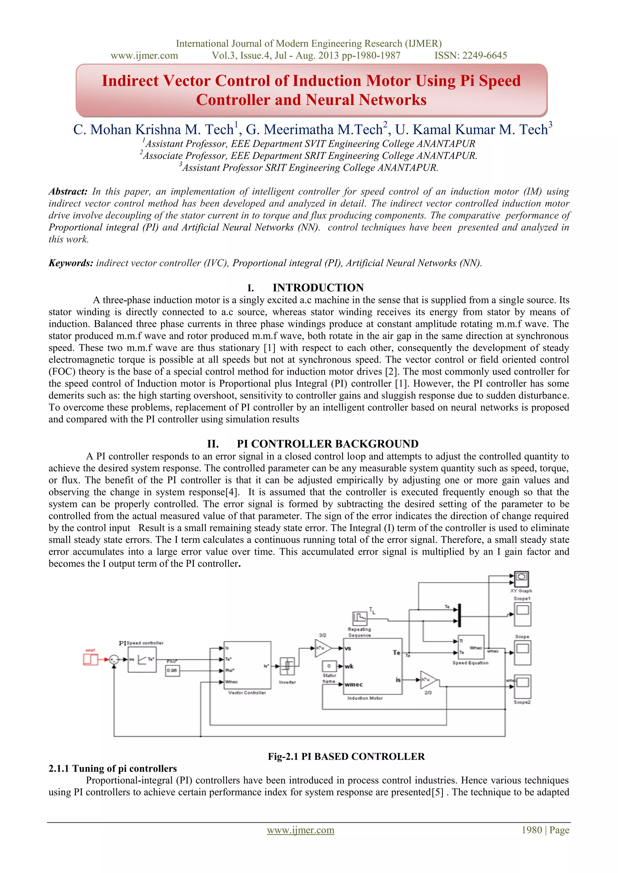 Indirect Vector Control of Induction Motor Using Pi Speed Controller and Neural Networks | PDF