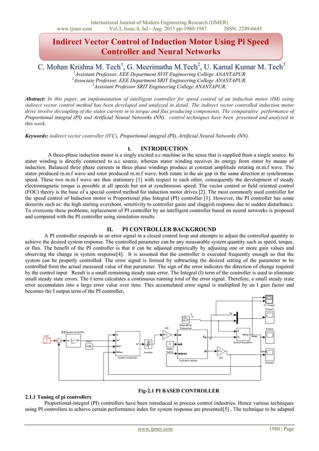 Indirect Vector Control of Induction Motor Using Pi Speed Controller and Neural Networks | PDF