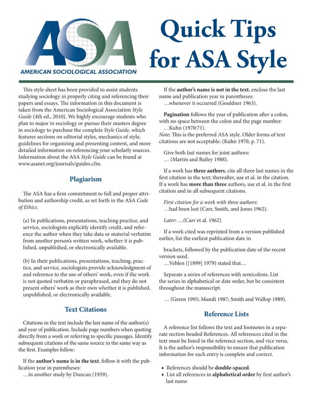 ASA - Quick Tips for ASA Style by American Sociological Association | PDF