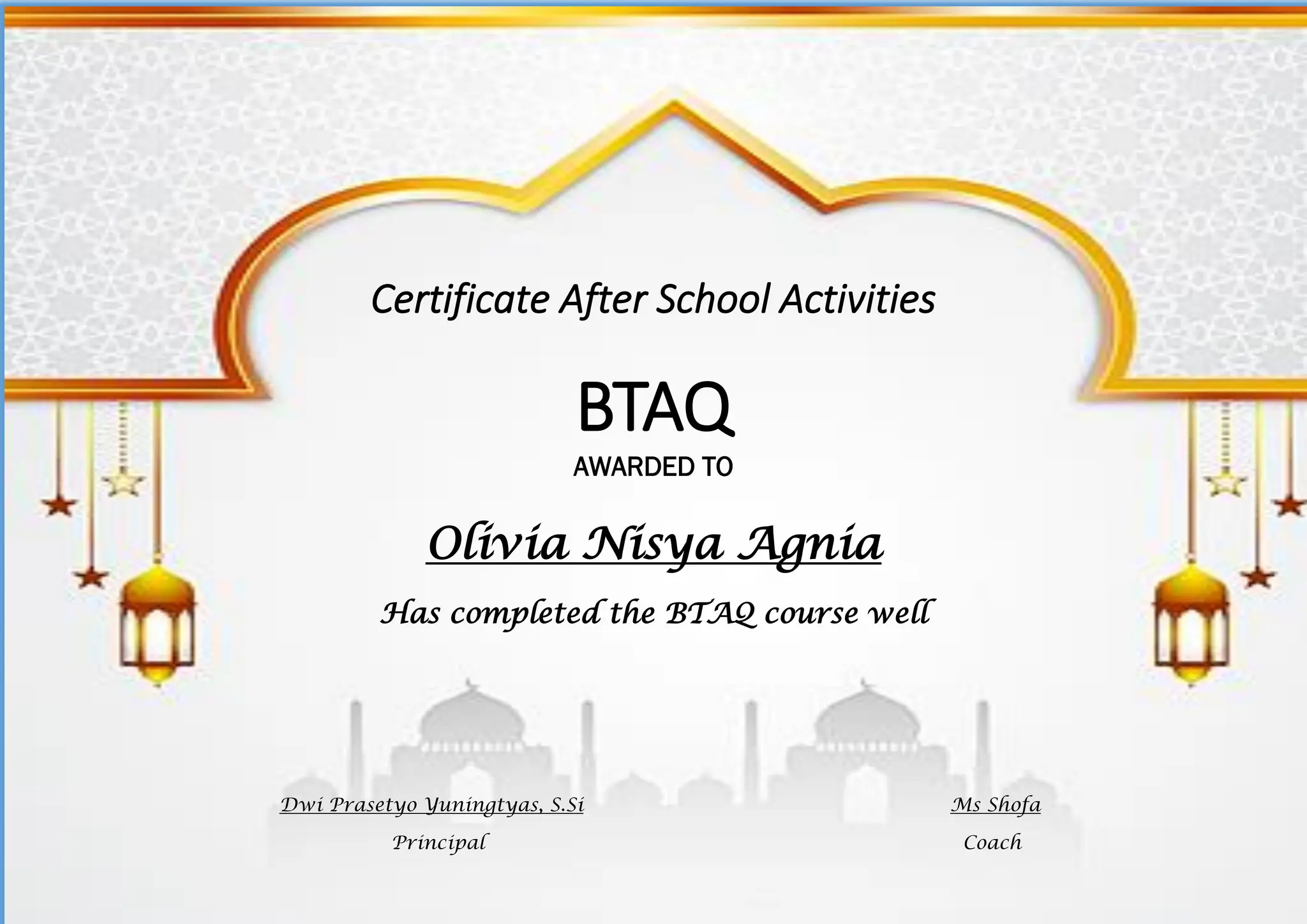 ASA BTAQ Certificate 2023 Arvardia Global Islamic School | PDF