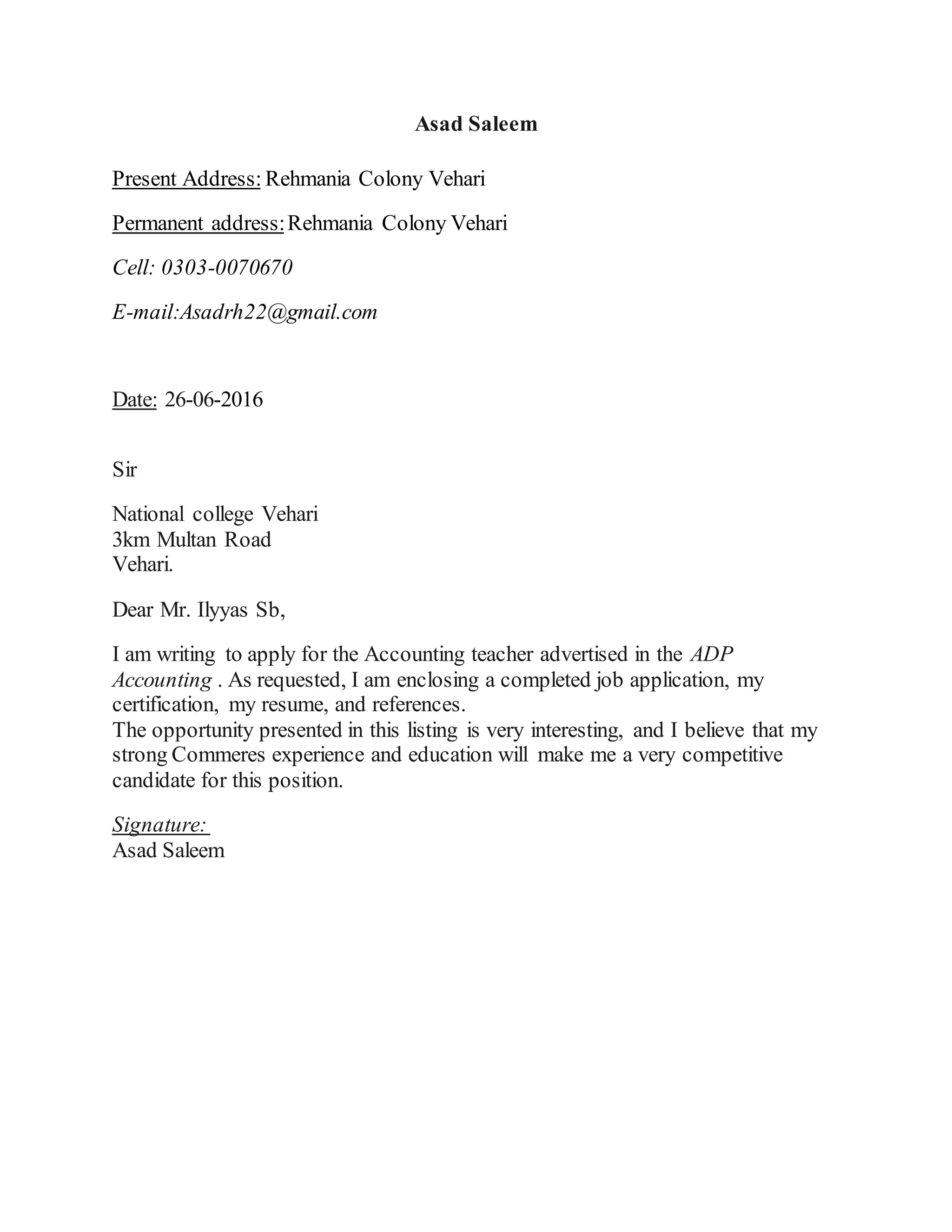 Asad cover latter | DOCX | Business Accounting & Finance | Business