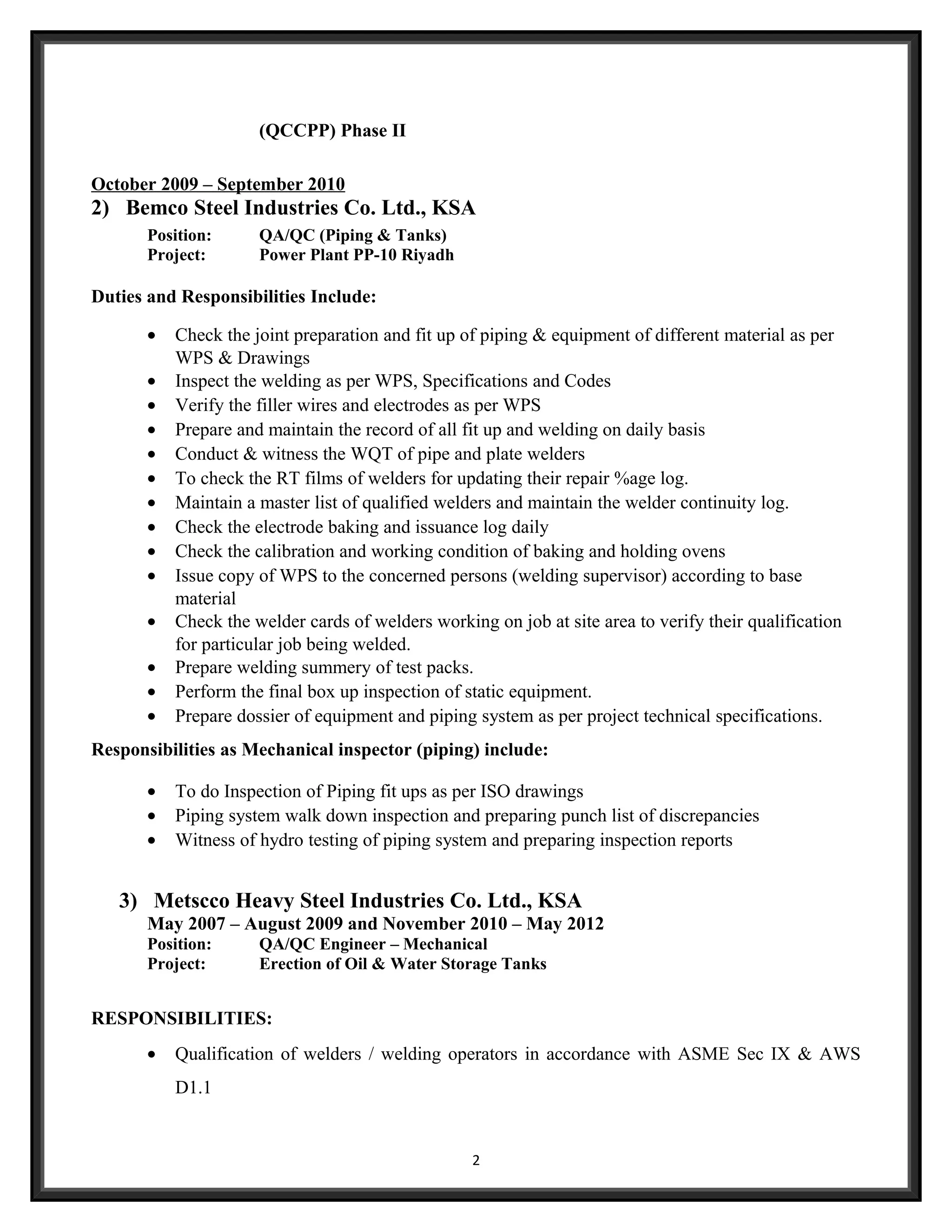 QA/QC Mechanical and Welding Inspector | DOC
