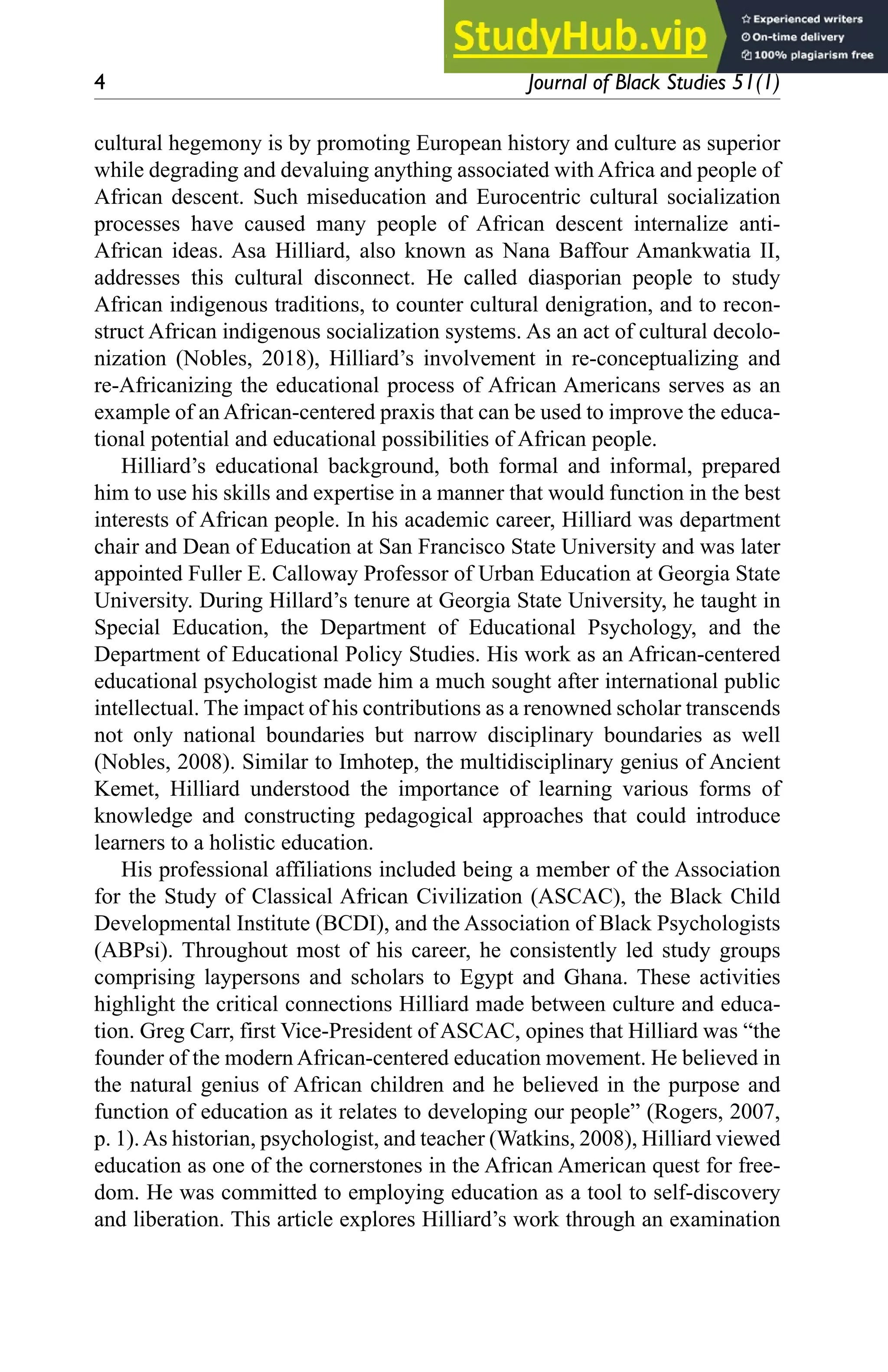 Asa Hilliard Conceptualizing And Constructing An African- Centered ...