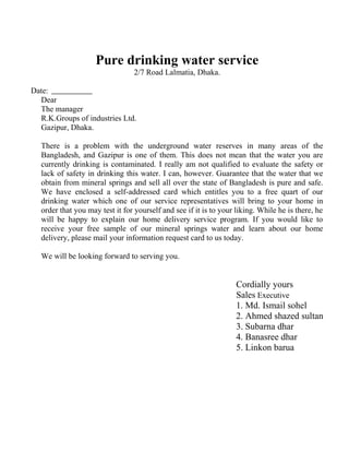 A sales letter of about pure drinking water service | DOC
