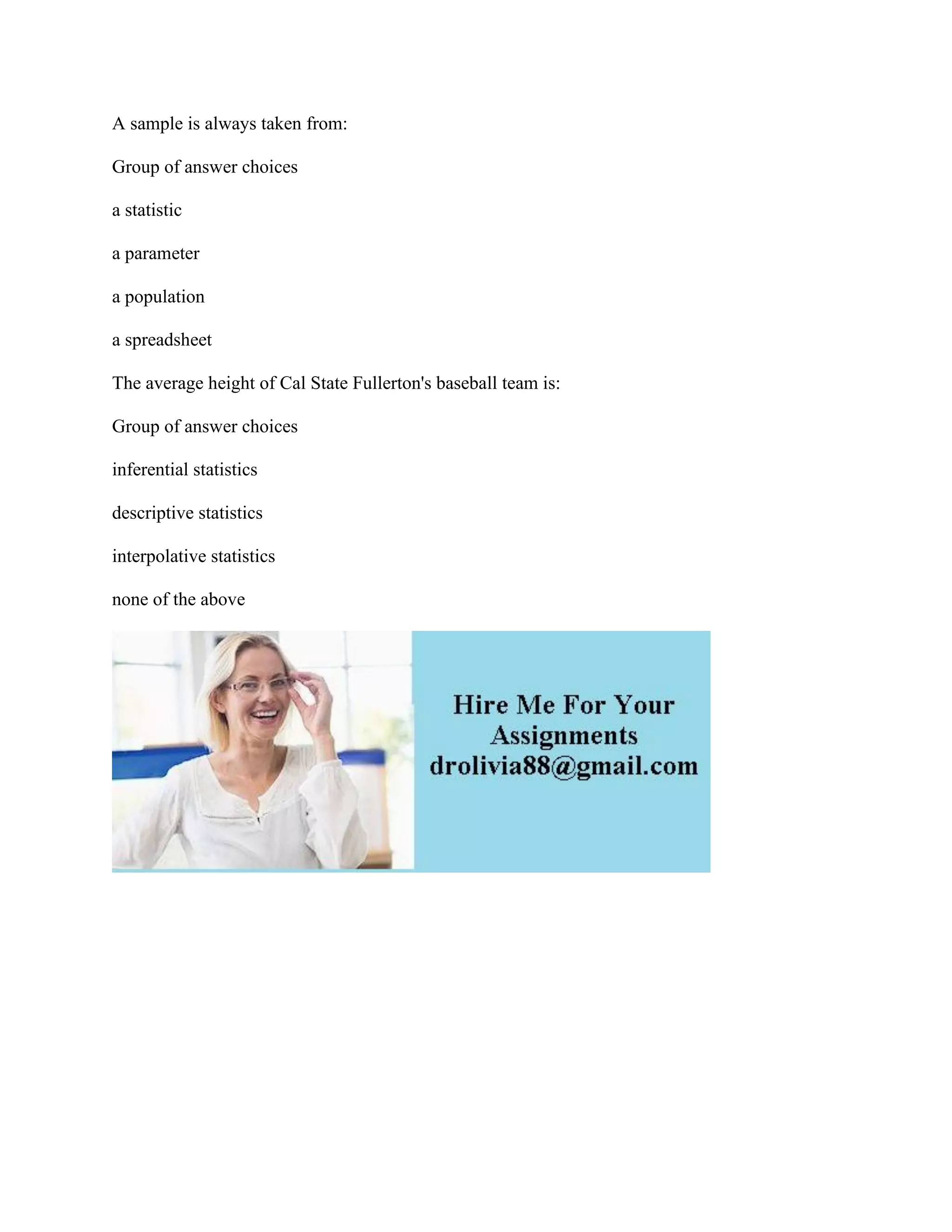 A Sample Is Always Taken From Group Of Answer Choices A Statistic A P Pdf