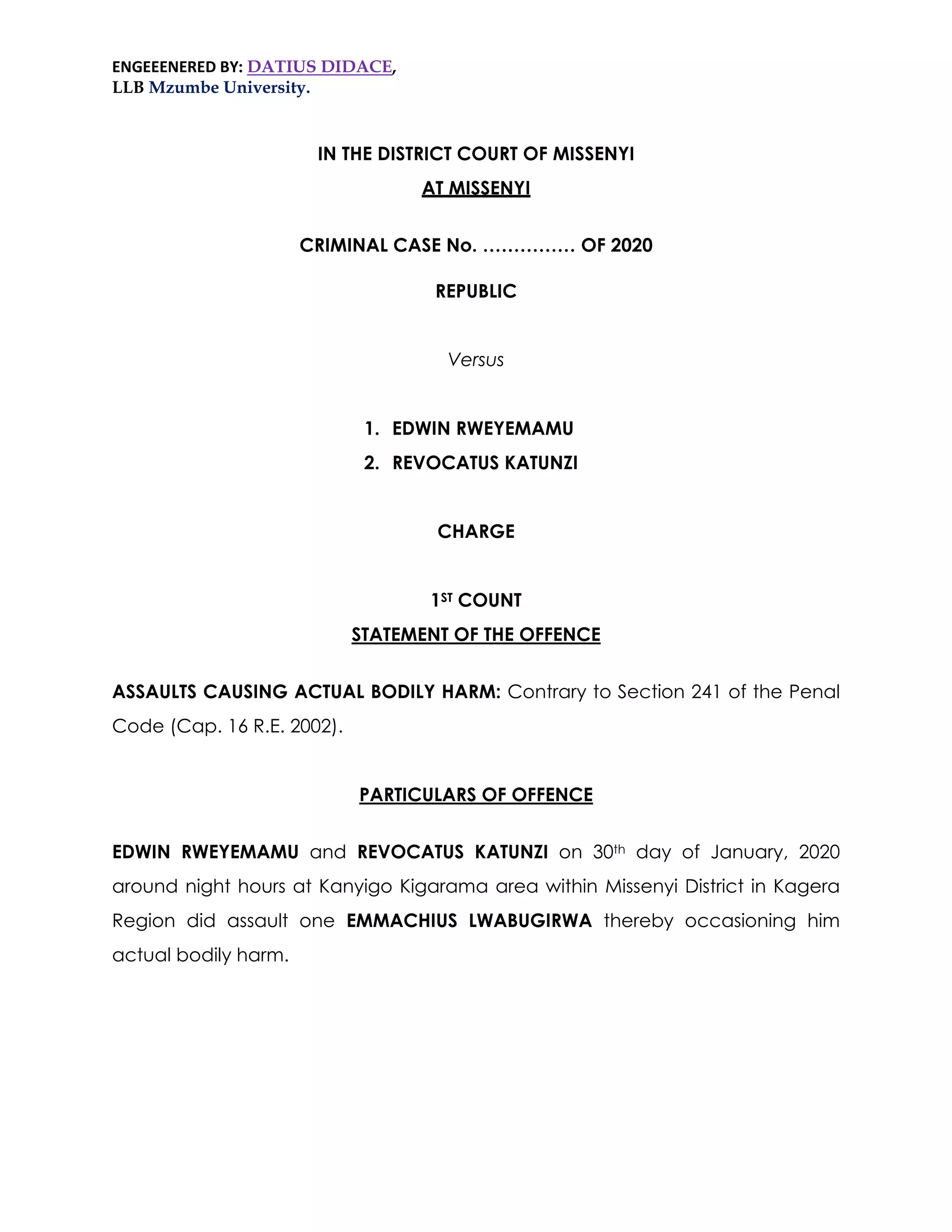 A sample of charge sheet with more than one count by datius didace ...