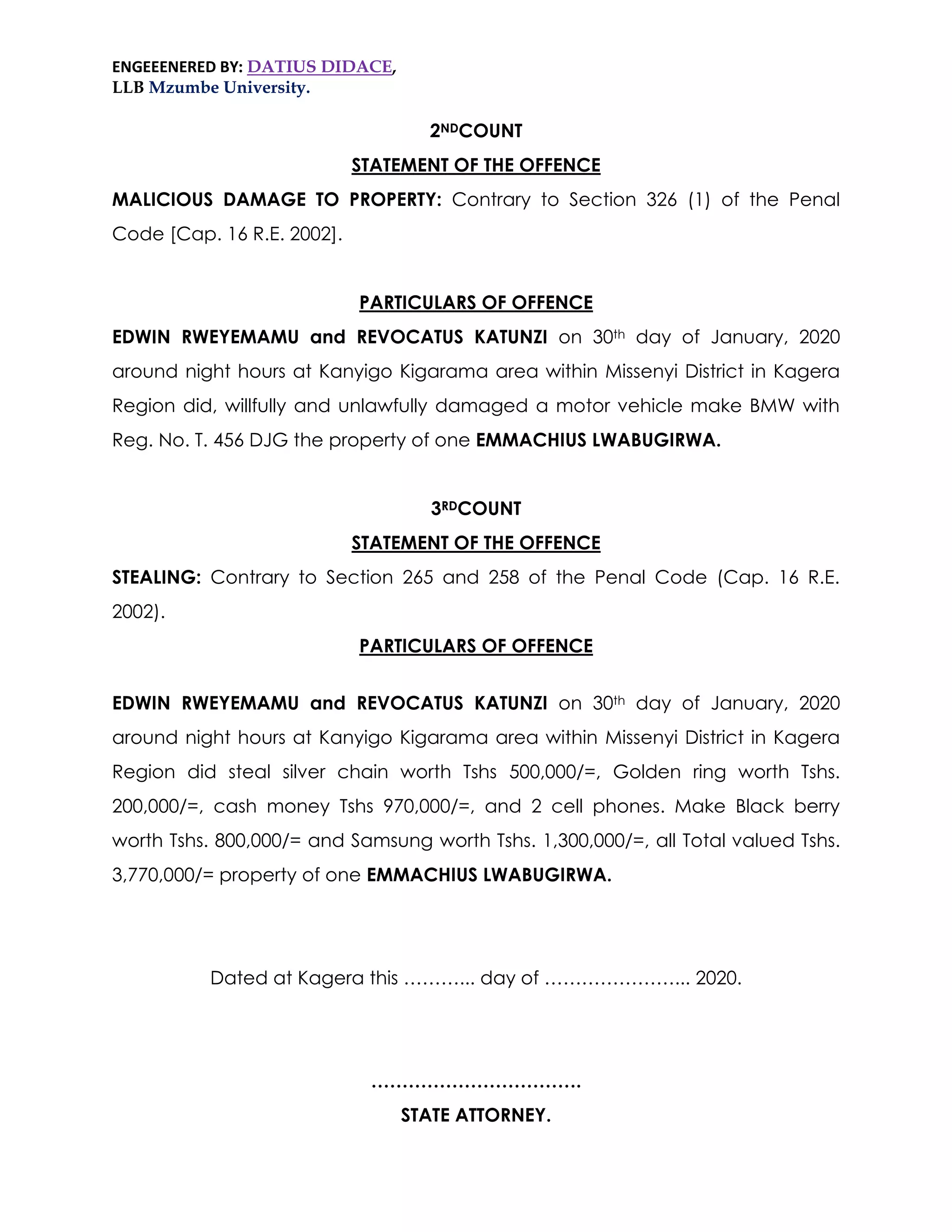 A sample of charge sheet with more than one count by datius didace | PDF