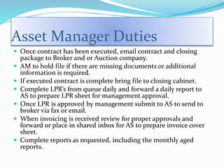 Asset Manager/ Asset Specialist Roles | PPTX | Law