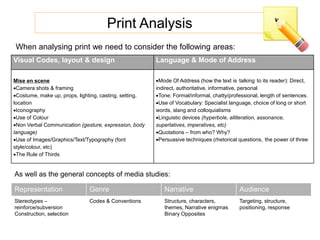 A Level Media Studies Y1 Analysing print media | PPT