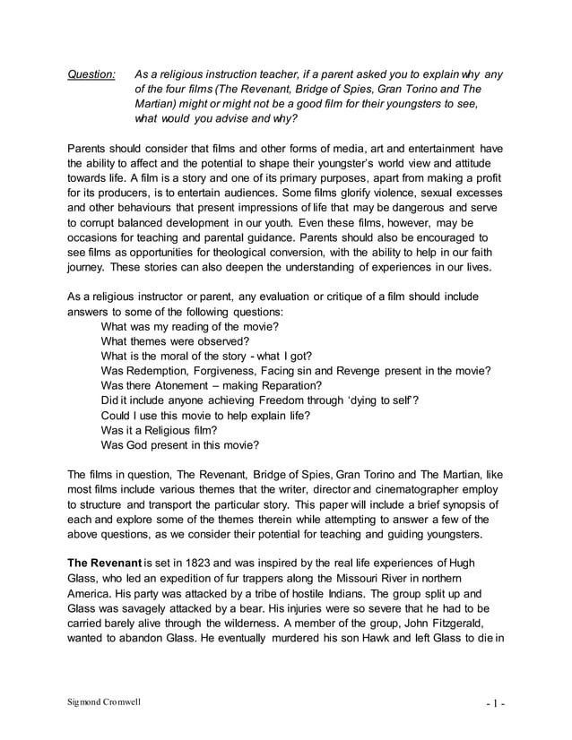 Film Question re:The Revenant, Bridge of Spies, Gran Torino and The ...