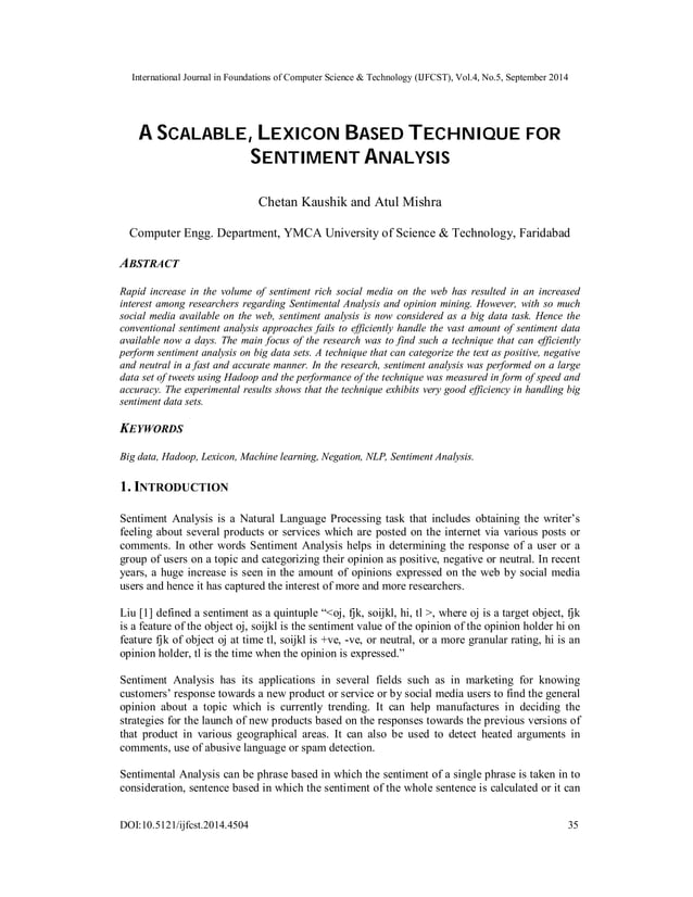 A scalable, lexicon based technique for sentiment analysis | PDF