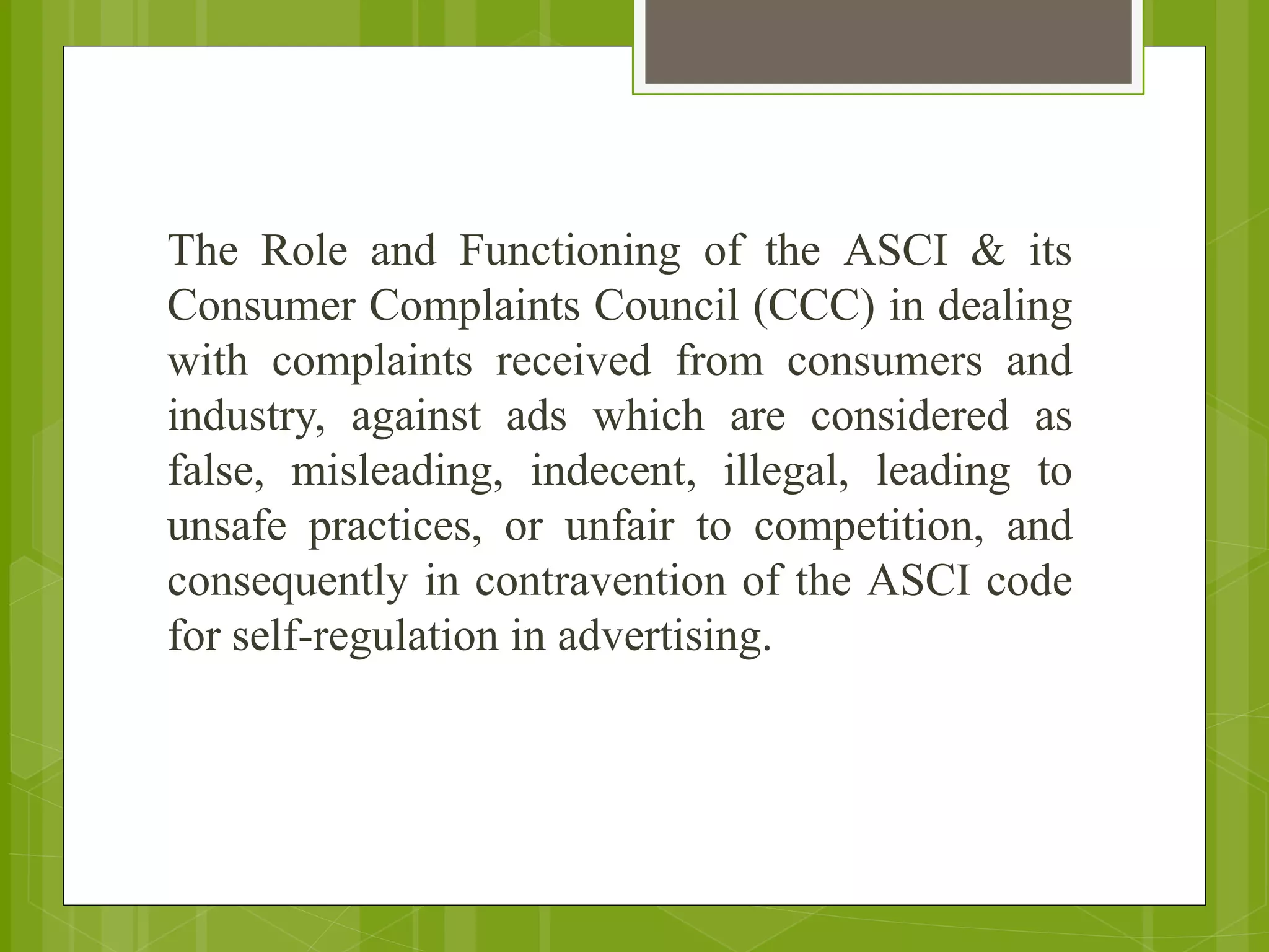 ASCI: Advertising Standard Council of India | PPTX