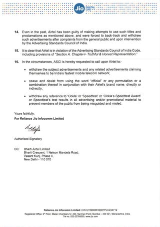 JIO's Complaint Against Airtel with ASCI; Legal Notice to OOKLA on ...