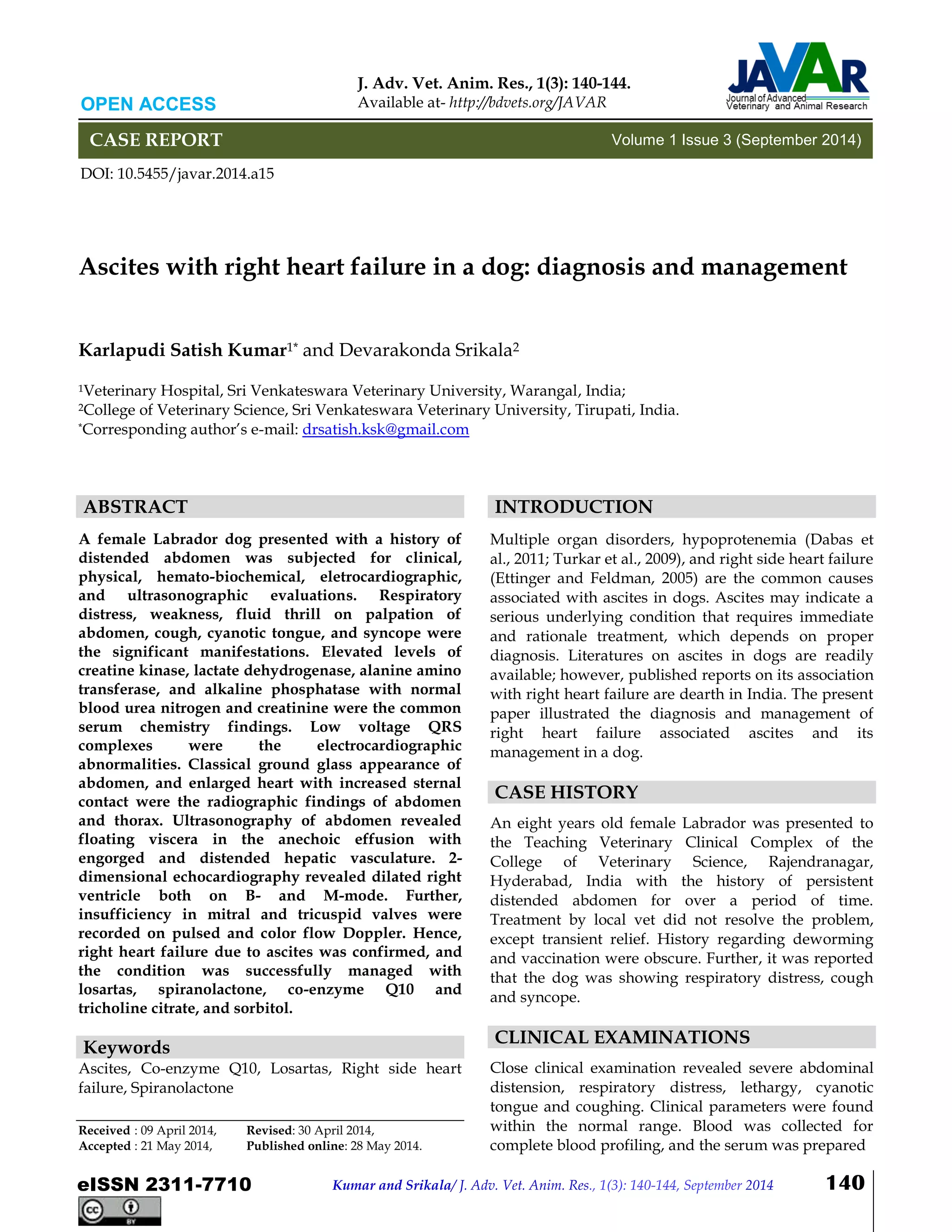 Ascites with right heart failure in a dog diagnosis and management | PDF