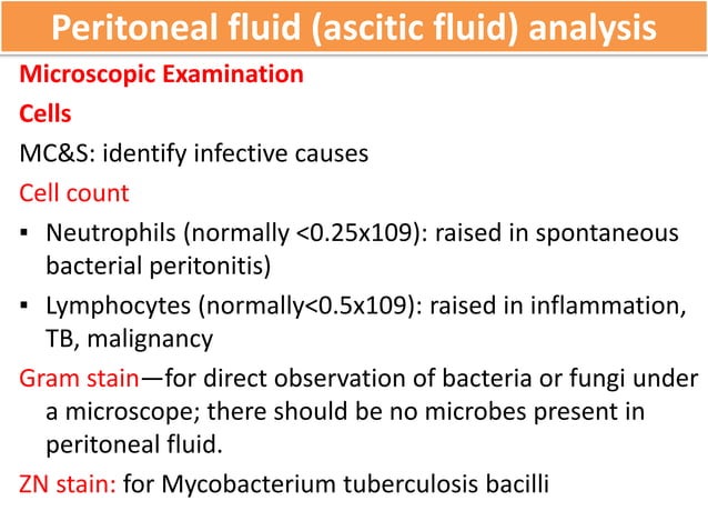 Ascitic fluid examination | PPTX | Digestive Disorders | Diseases and Conditions
