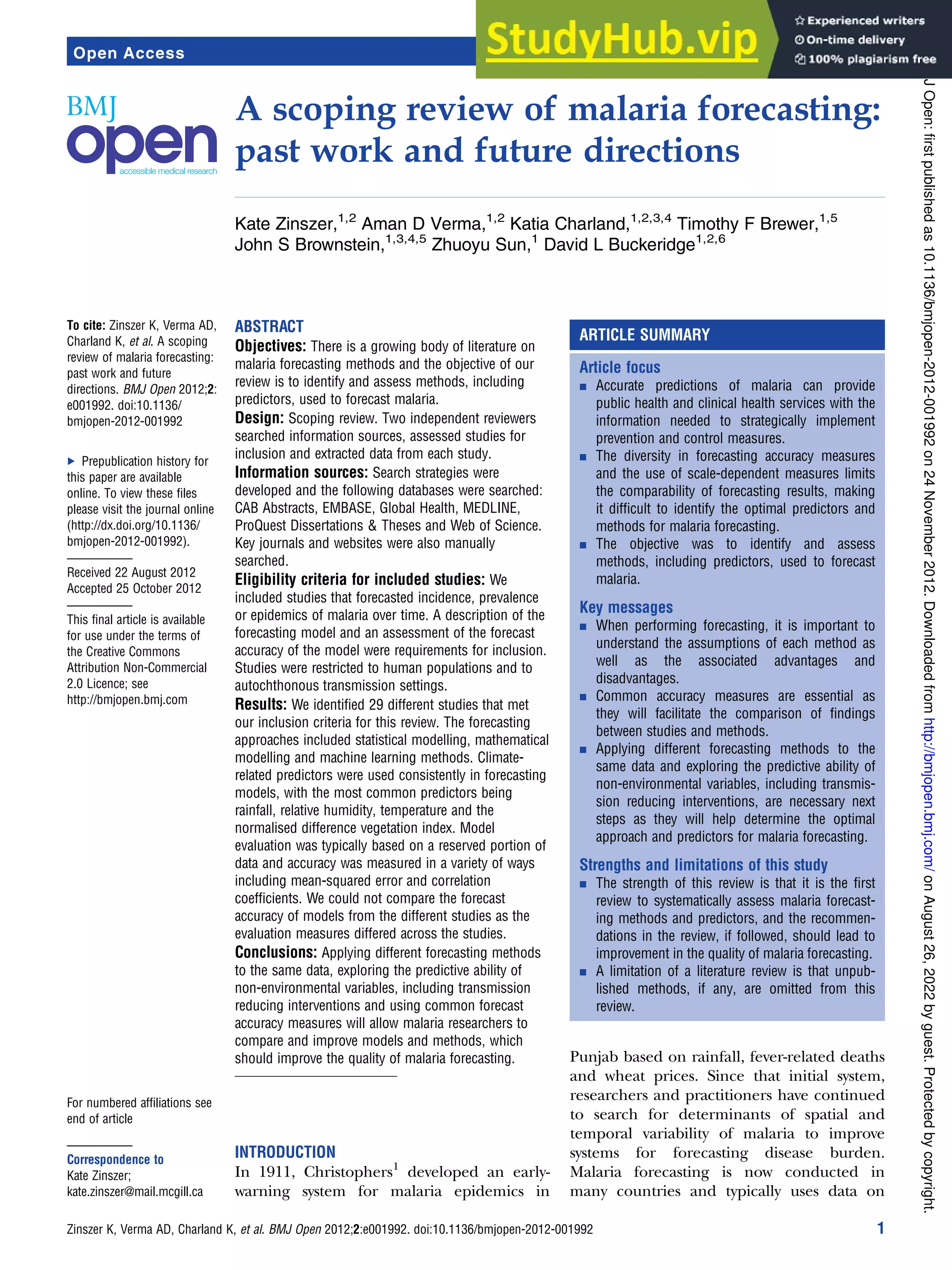 A Scoping Review Of Malaria Forecasting Past Work And Future Directions ...
