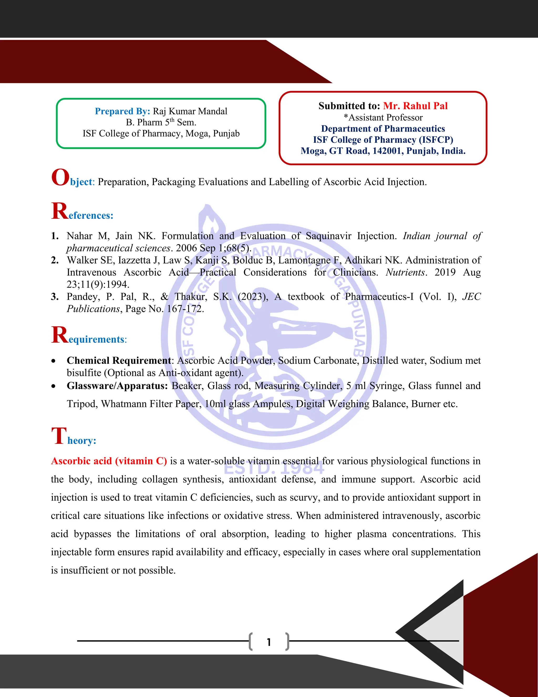 Preparation, Packaging, Evaluation, Labelling of Ascorbic Acid ...