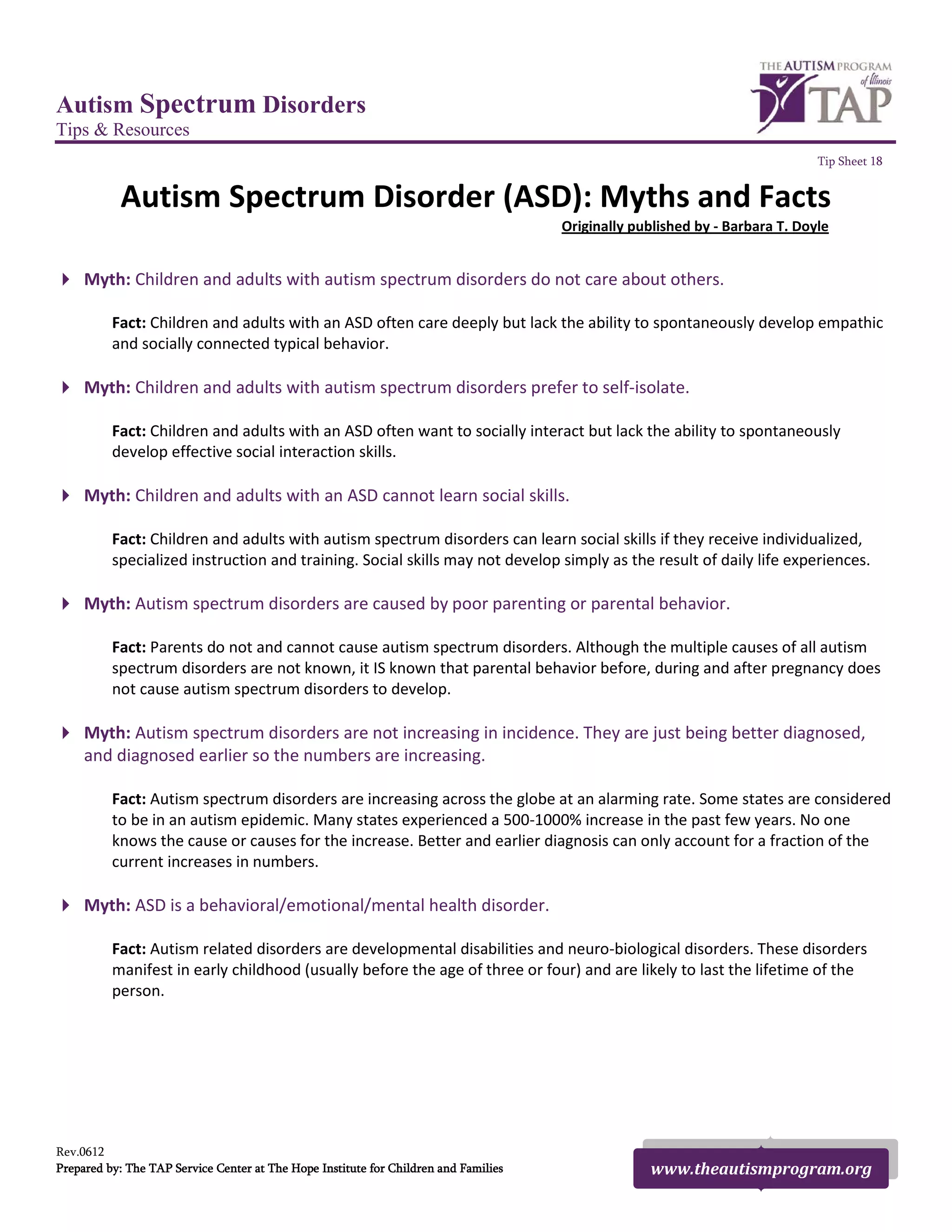 TAP Tip Sheet - Autism Myths and Facts | PDF